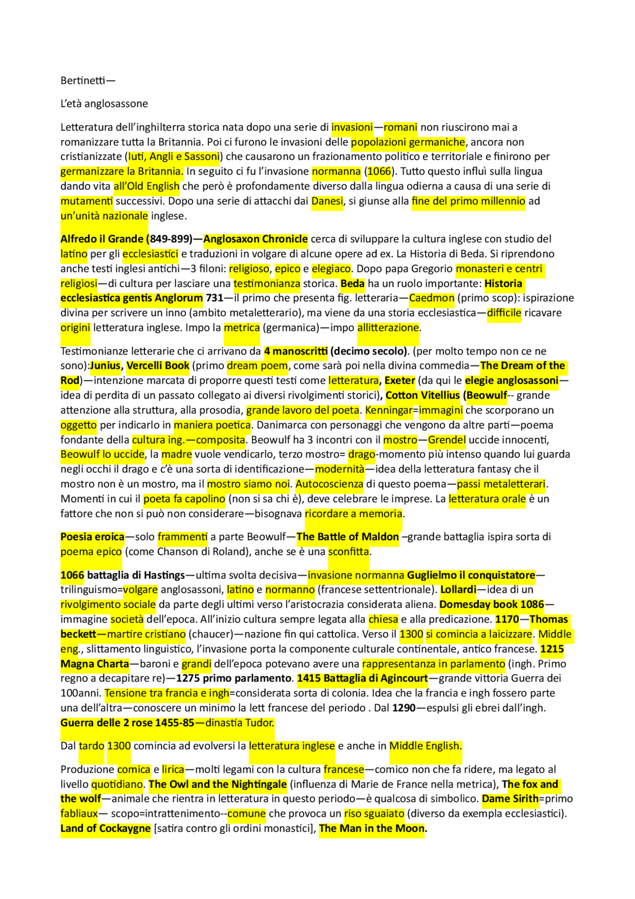 Bertinetti Riassunti Dal Medioevo Al 700 Docsity