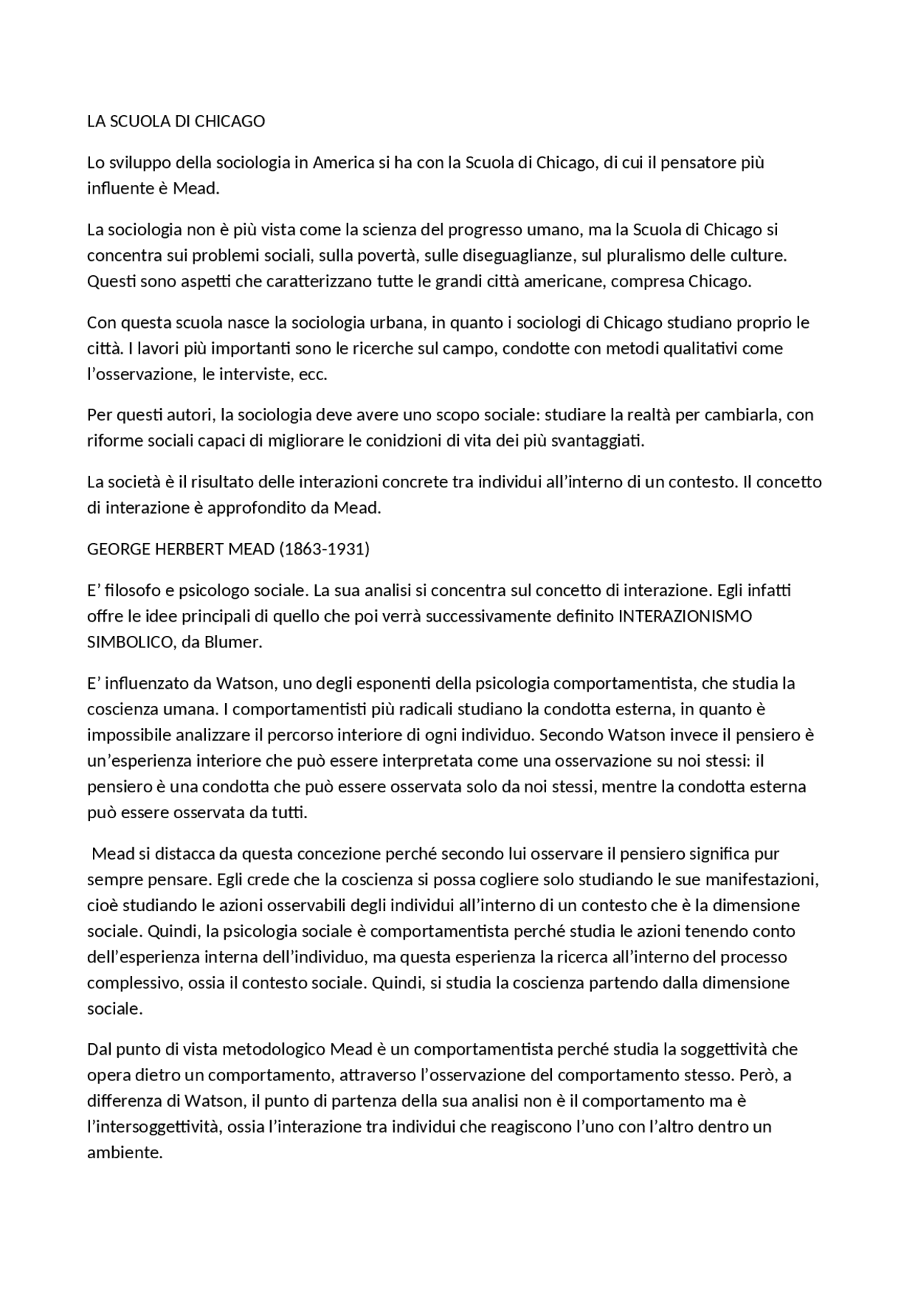 La Scuola Di Chicago E Mead Docsity