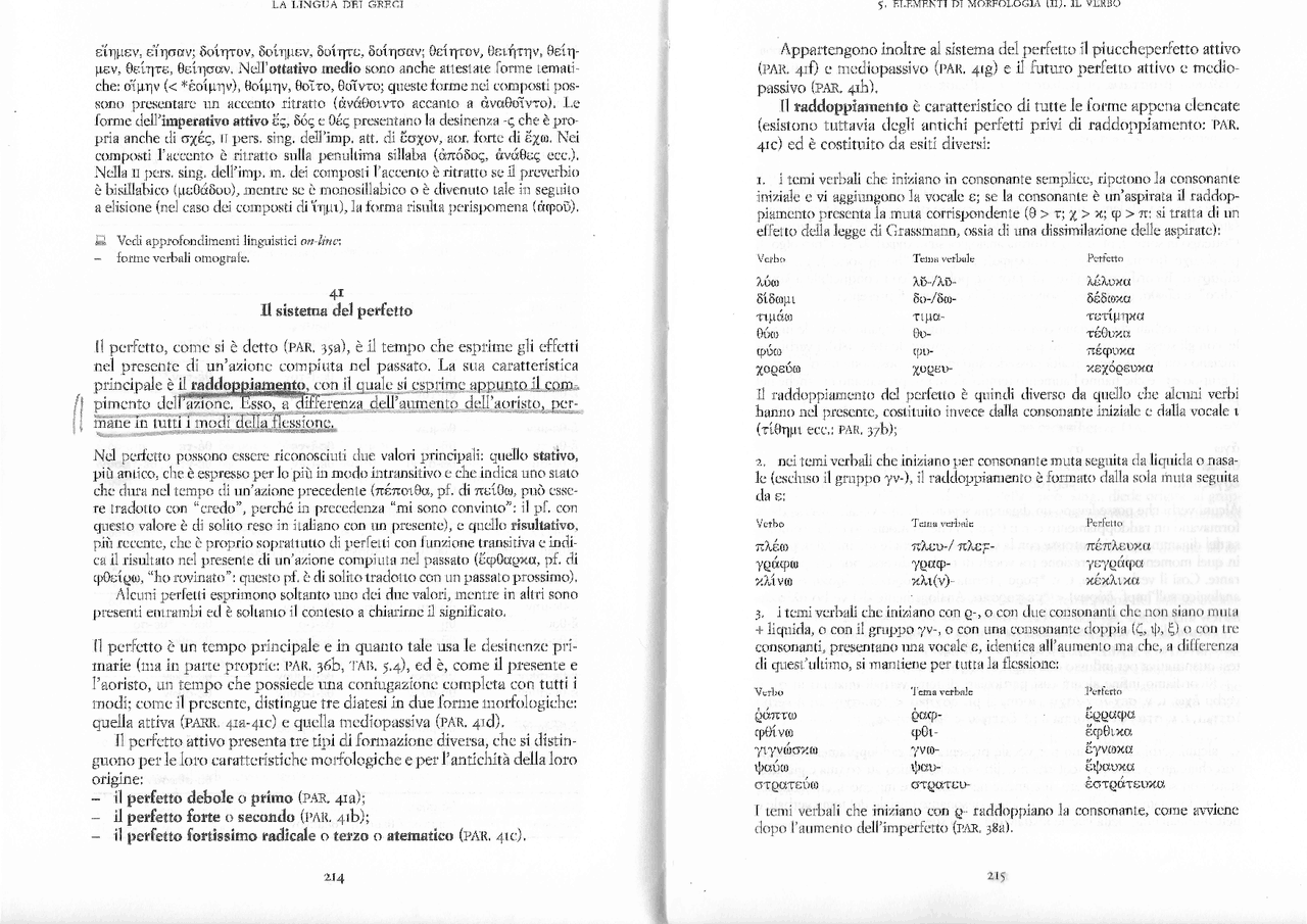 Perfetto greco, verbi - Docsity