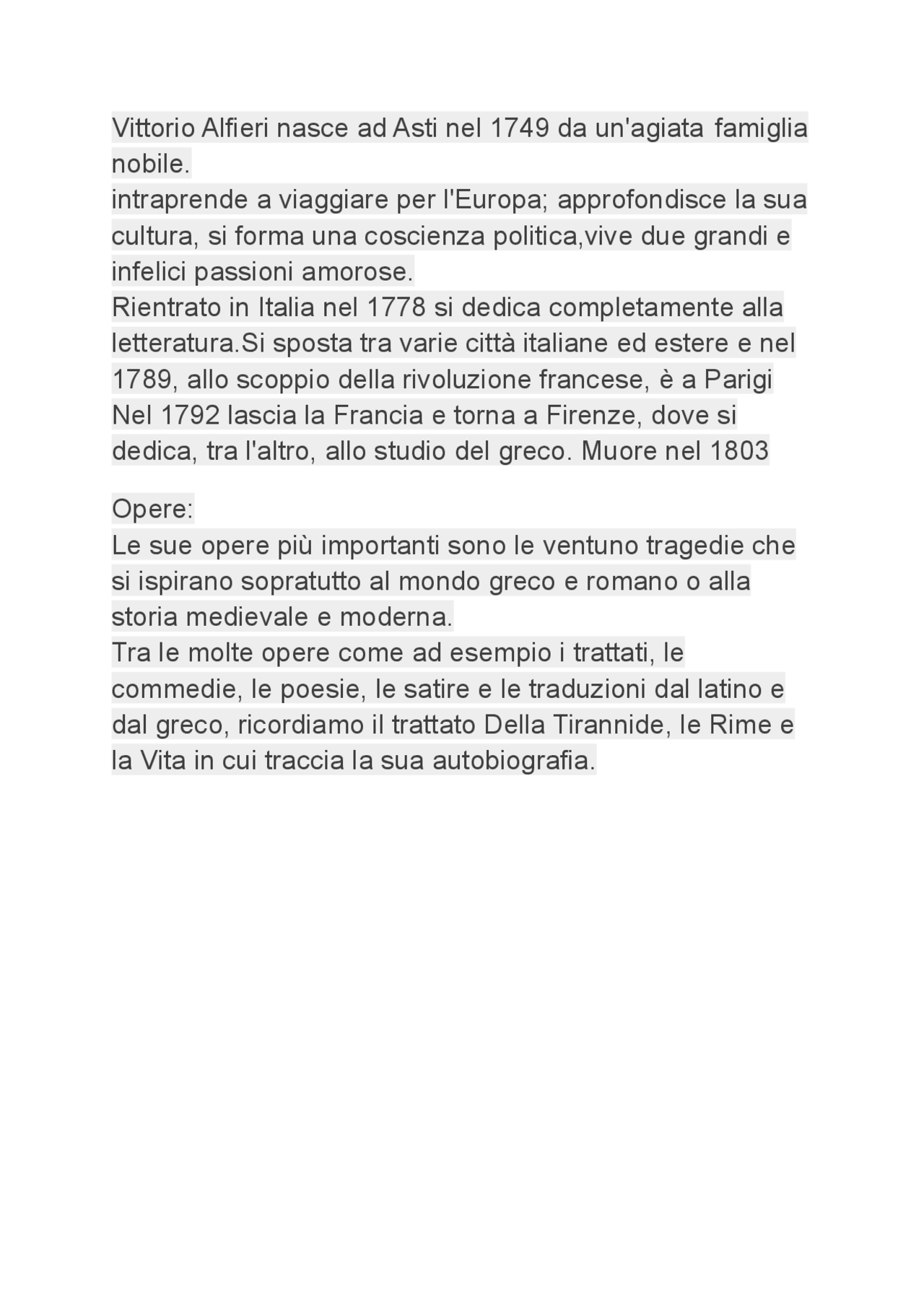Appunti Su Vittorio Alfieri Per Liceo Docsity