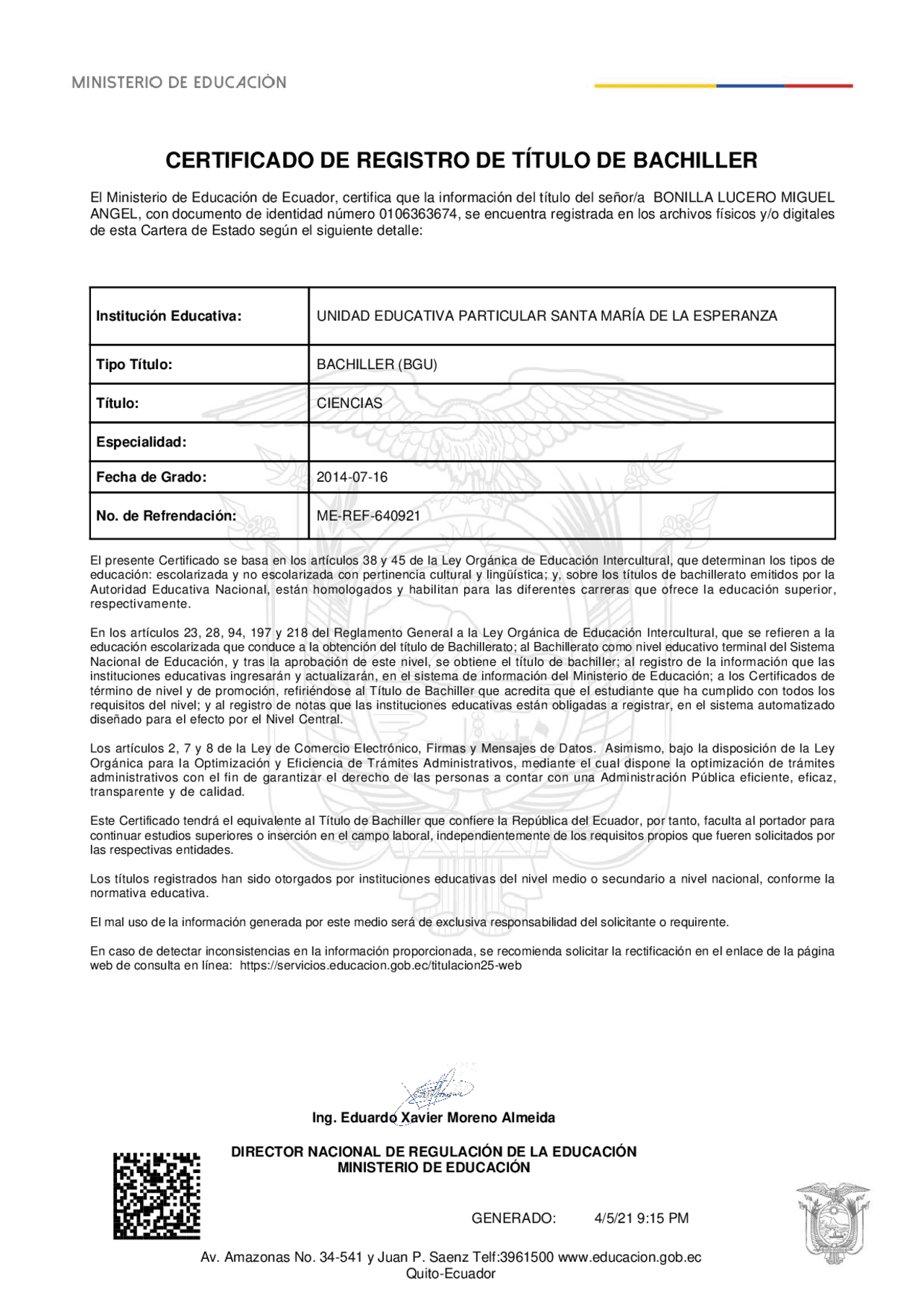 Certificado del titulo de bachiller - Docsity