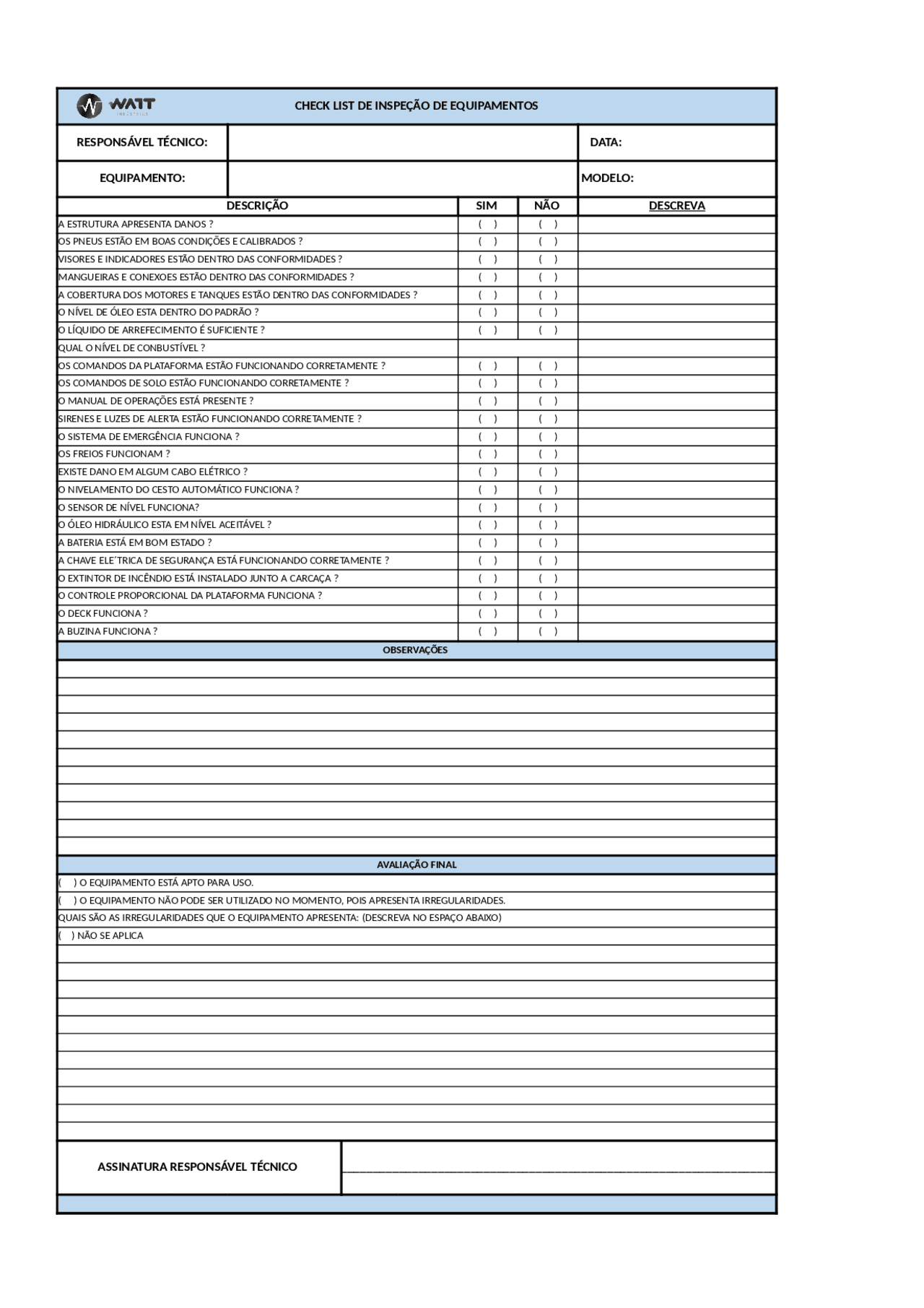 Check list pré operacional plataforma elevatória - Docsity
