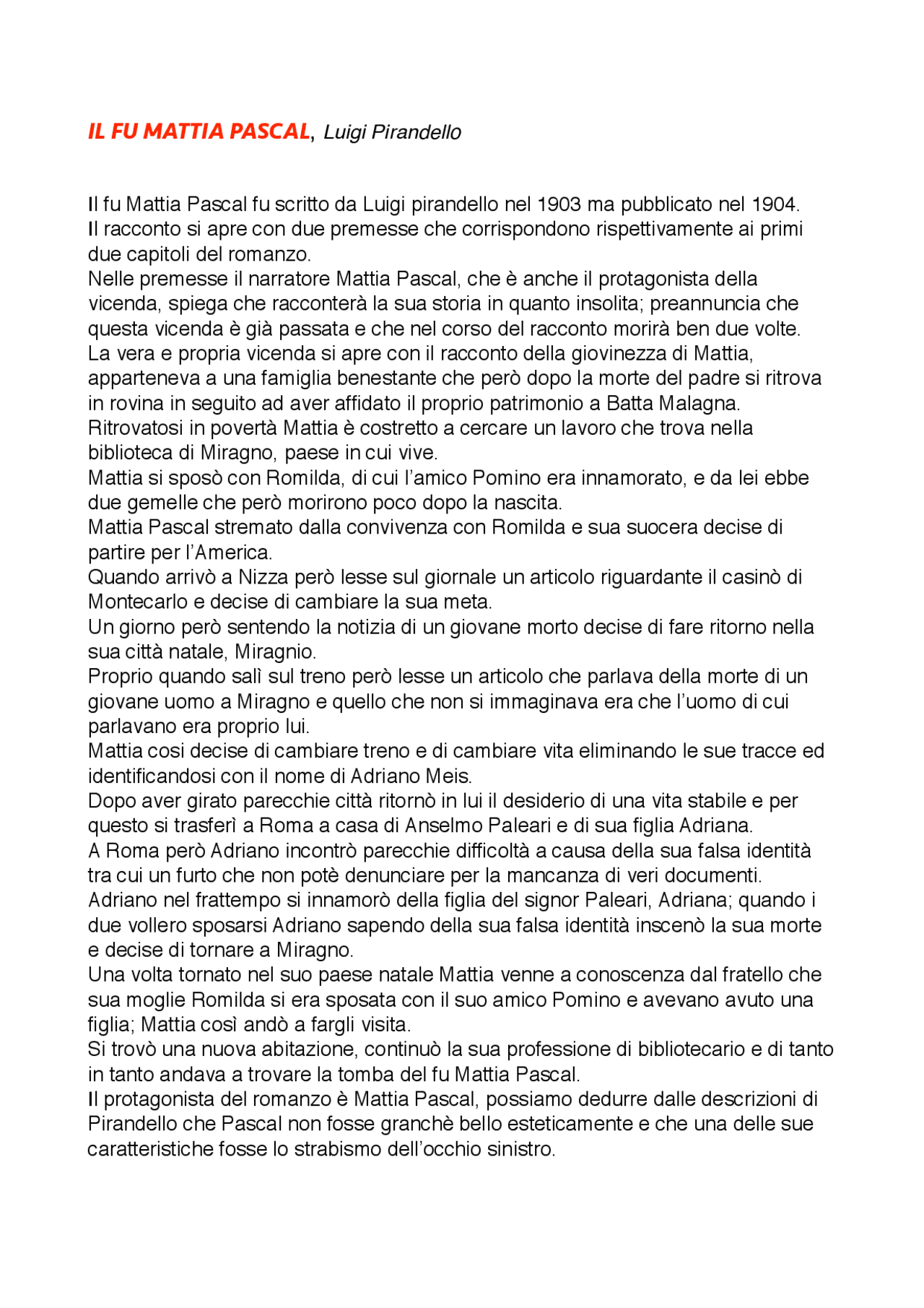 Il Fu Mattia Pascal Riassunto E Analisi Docsity