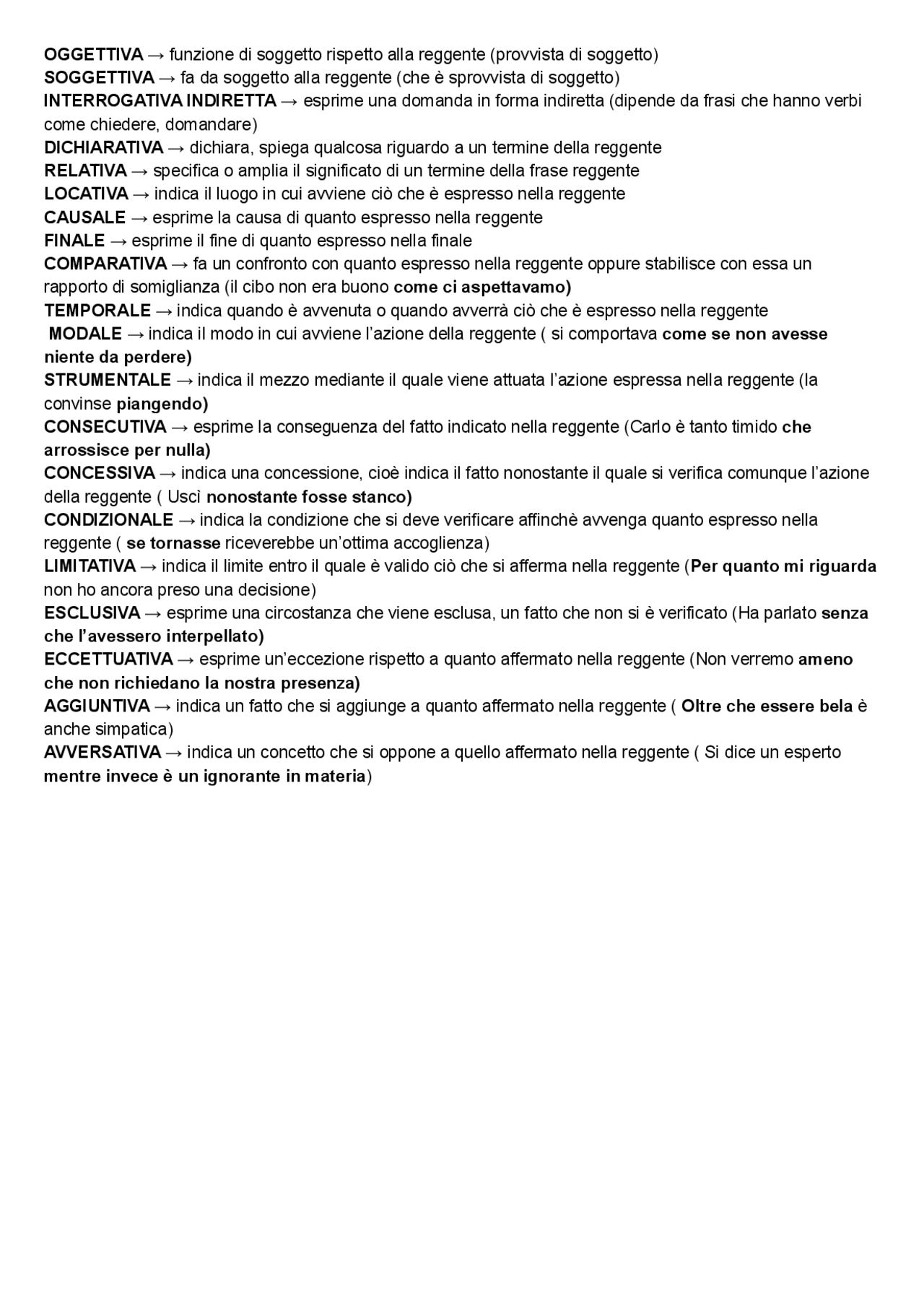 Schema sulle principali subordinate - Docsity