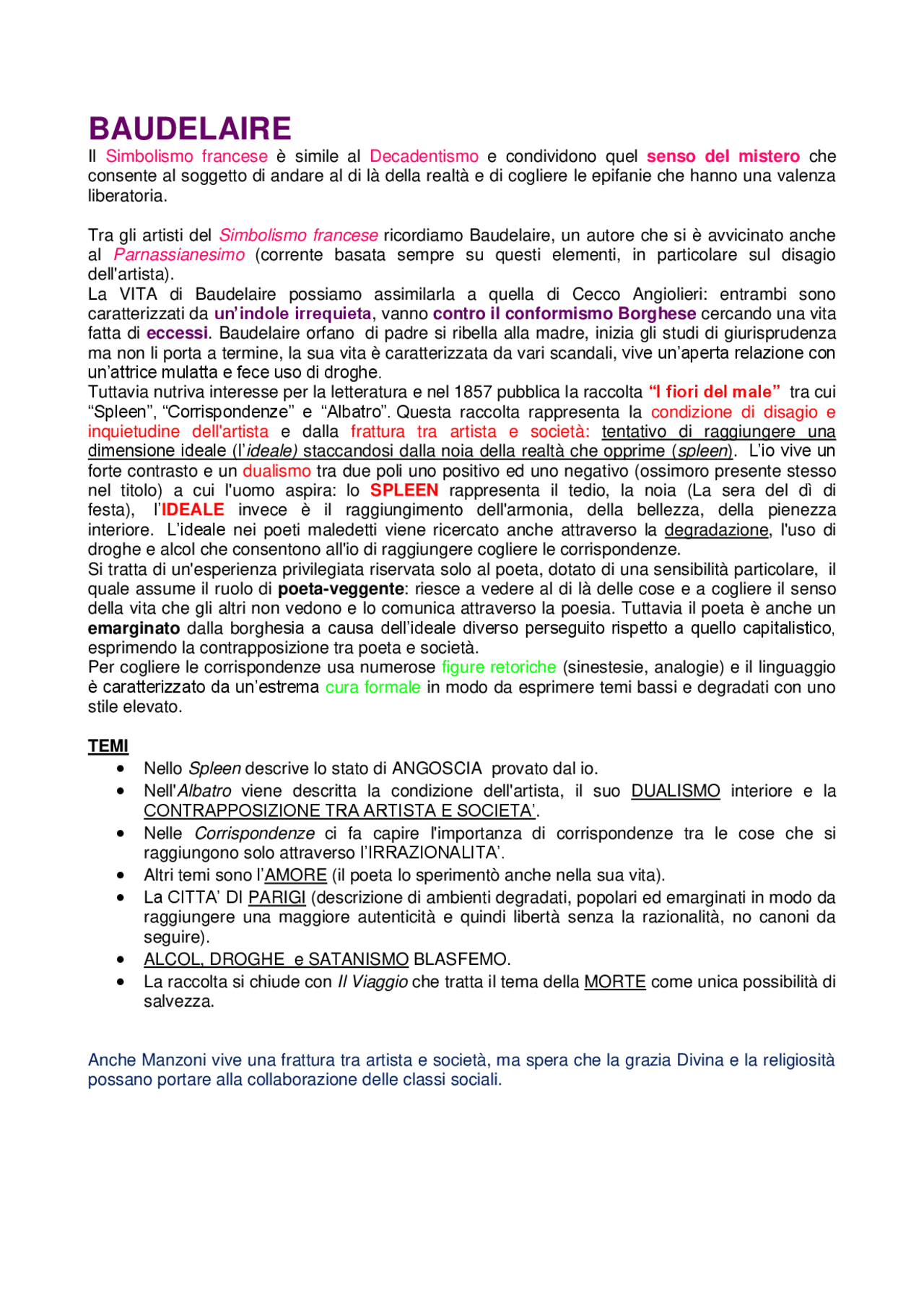 Baudelaire Autore Del Decadentismo Docsity
