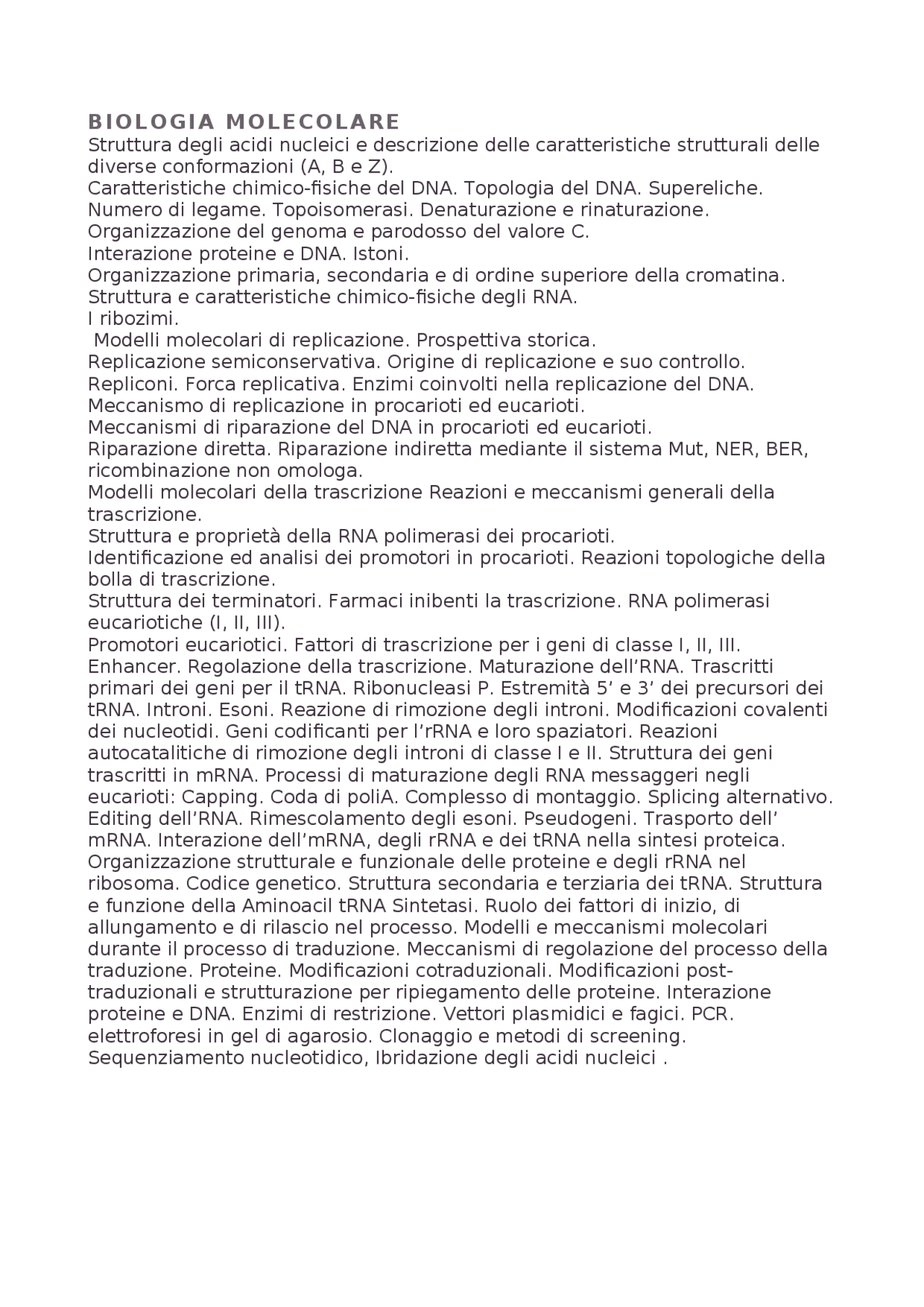 Biologia Molecolare Programma Del Corso Di Biologia Docsity