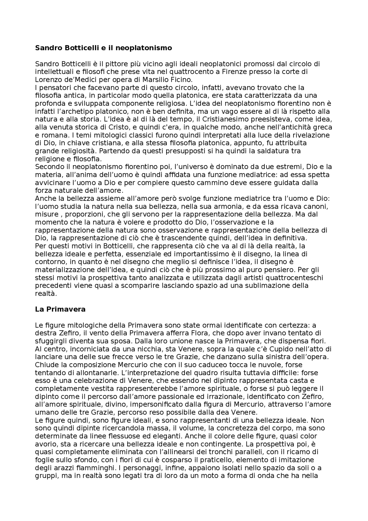 Sandro Botticelli e il neoplatonismo - Docsity