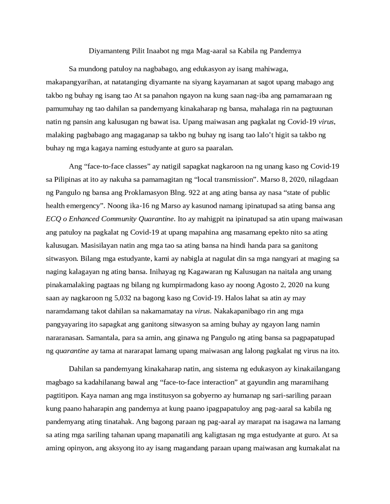 Pagbasa at Pananaliksik sa Wikang Filipino | Essays (high school ...