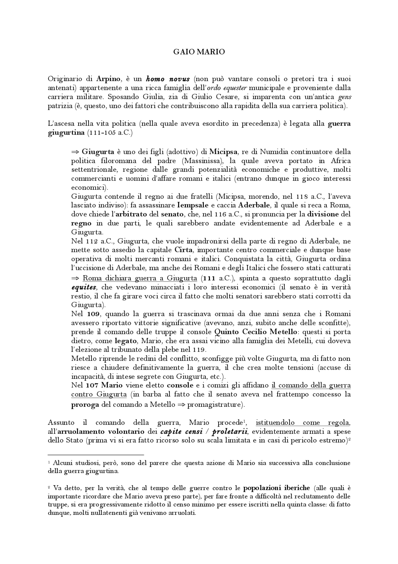 GAIO MARIO. ESAME FONDAMENTI DI STORIA ANTICA - Docsity