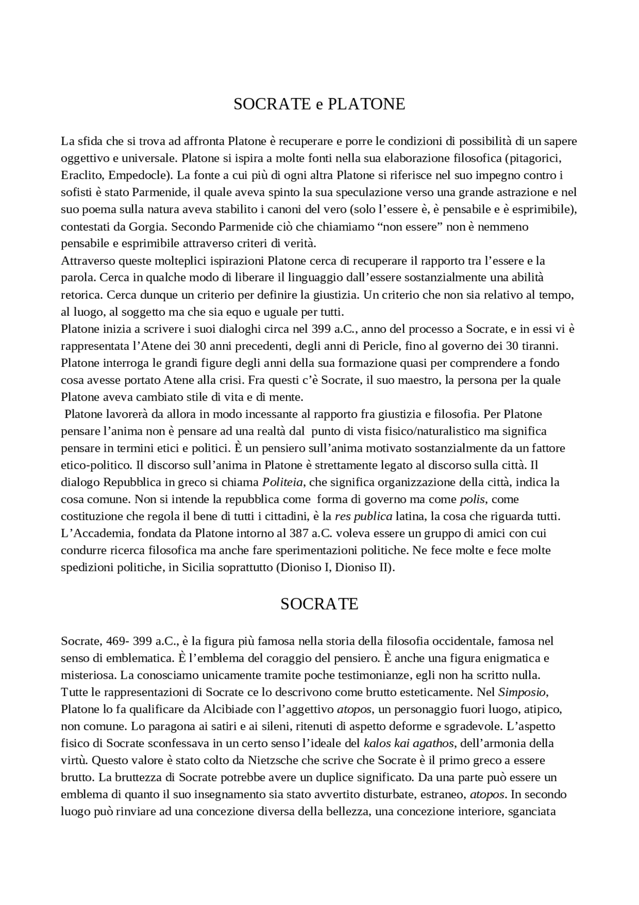 Appunti Su Socrate E Platone E Su Alcuni Dialoghi Platonici Docsity
