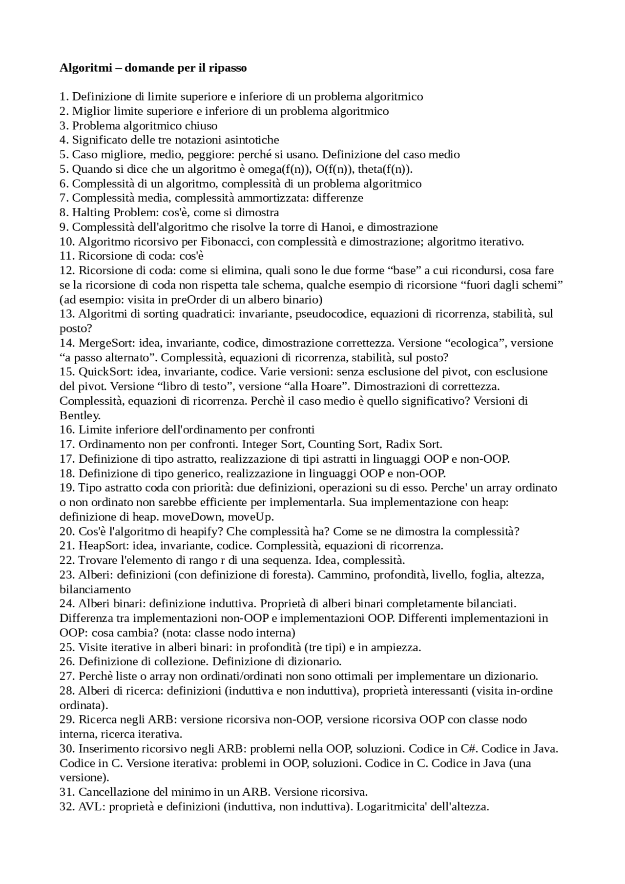 Domande Di Ripasso Algoritmi Docsity