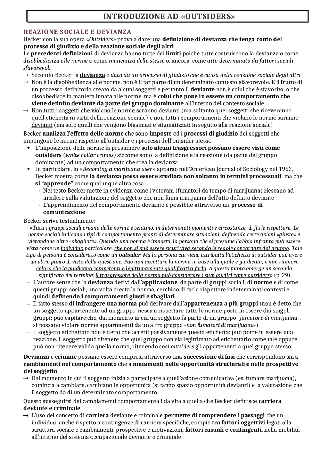 Riassunto "Outsiders - Studi di sociologia della devianza" di Howard S. Becker - Docsity