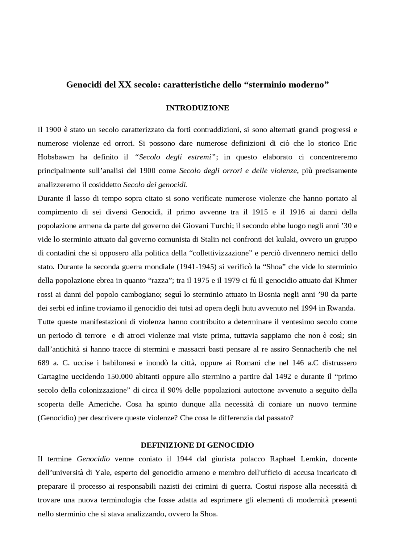 Genocidi del XX secolo caratteristiche dello “sterminio moderno” - Docsity