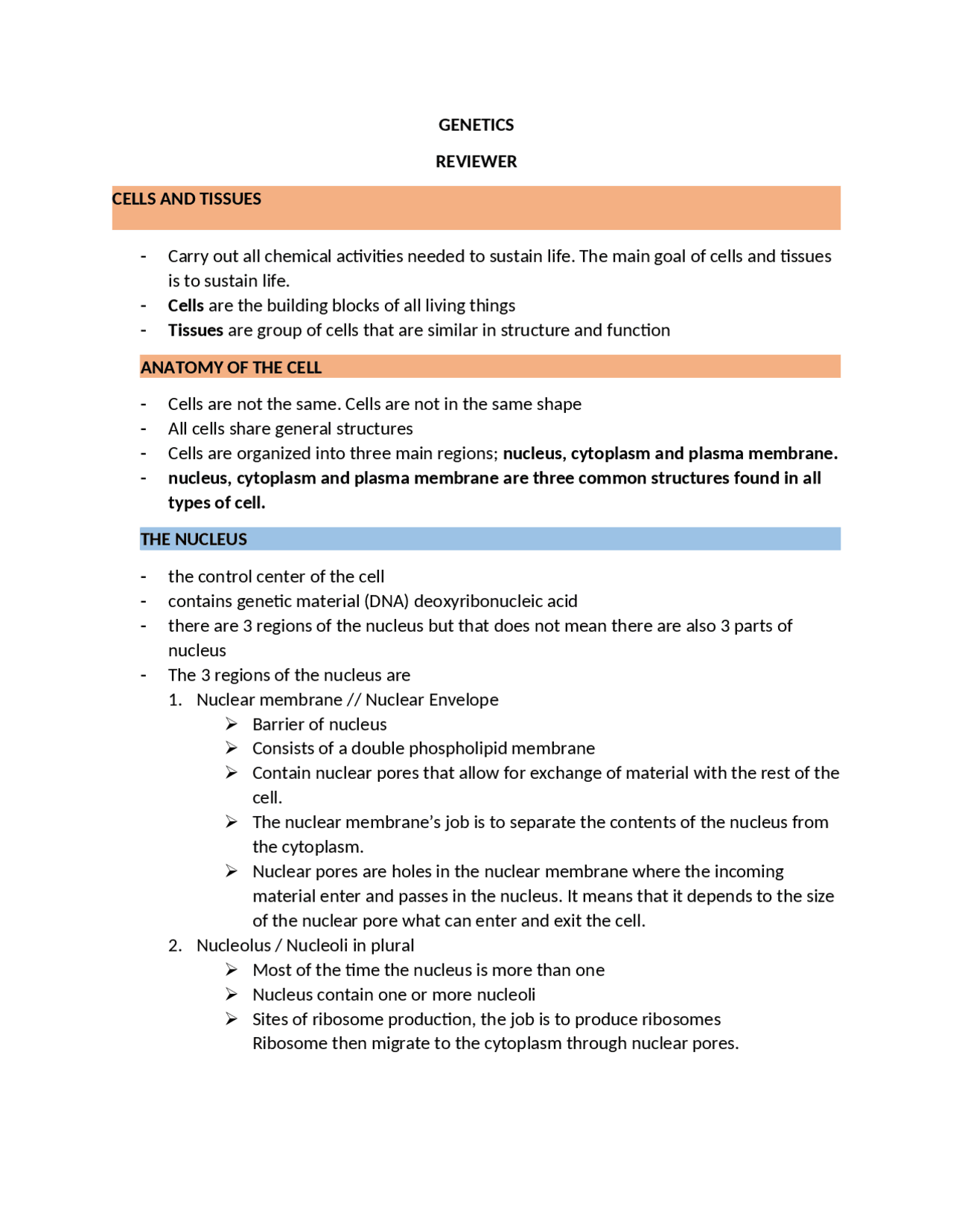 Genetics Reviewer Cells And Tissues Docsity