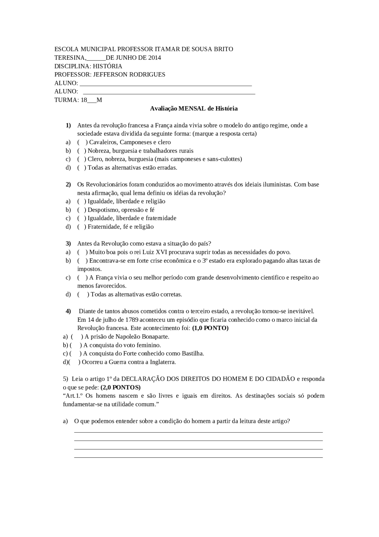 Modelo De Avaliação Sobre História Docsity