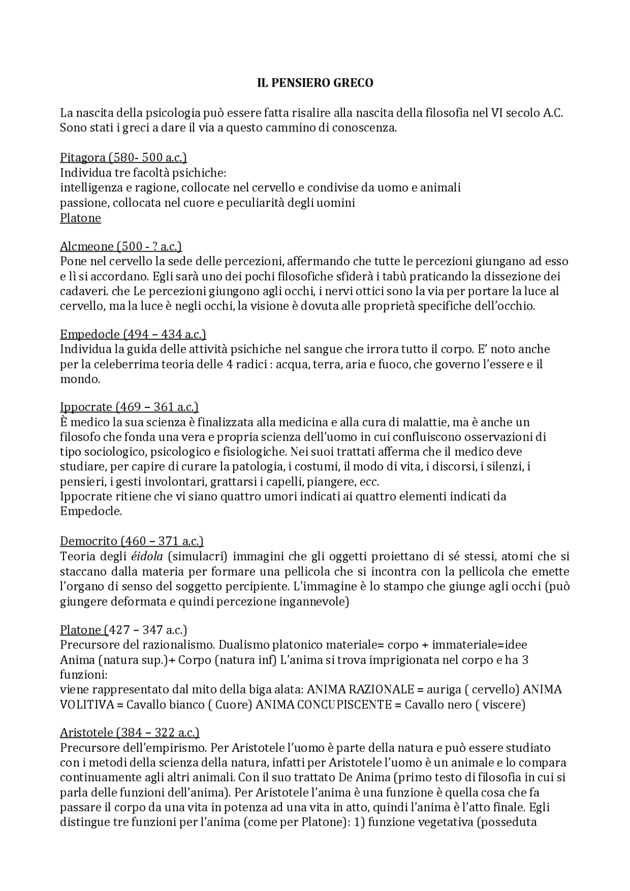 Sintesi Del Pensiero Greco Docsity