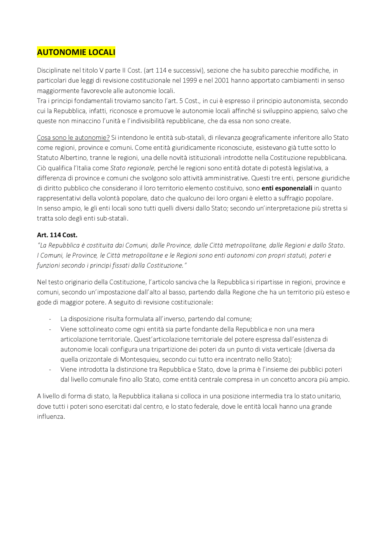 Enti Regionali E Autonomie Locali Docsity
