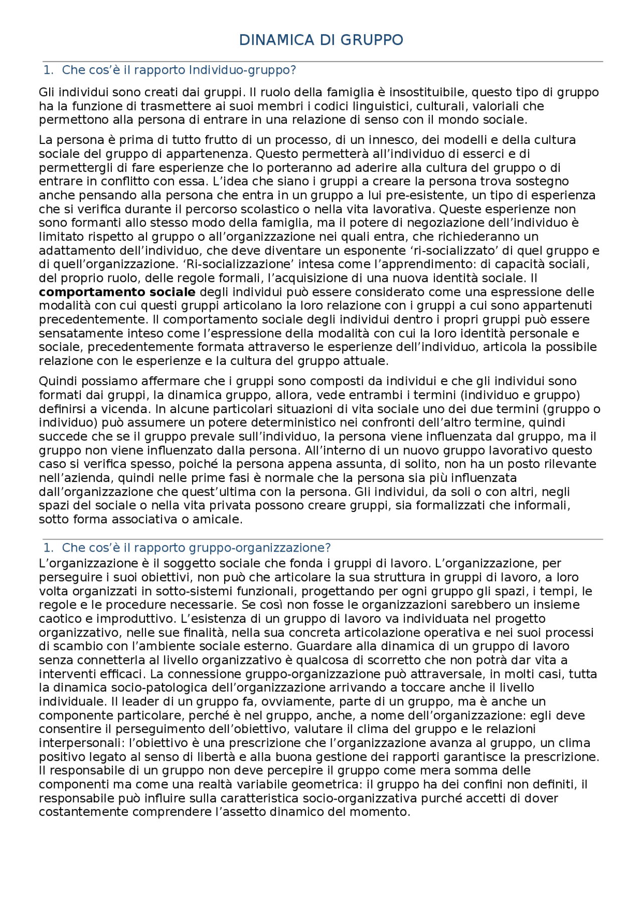 Dinamiche Di Gruppo Domande E Risposte Docsity