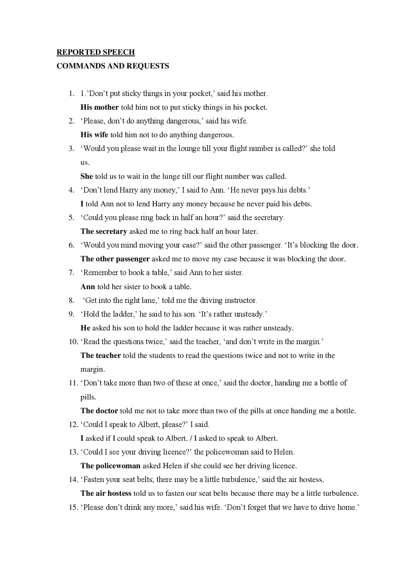 Reported Speech Ejercicios De InglÉs Ejercicios De Inglés Docsity
