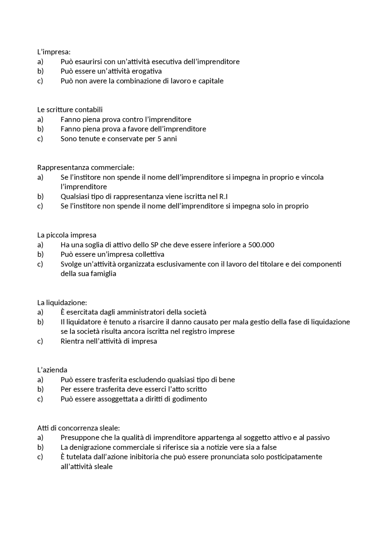 Test Prova Intermedia Diritto Commerciale Esercizi Di Diritto