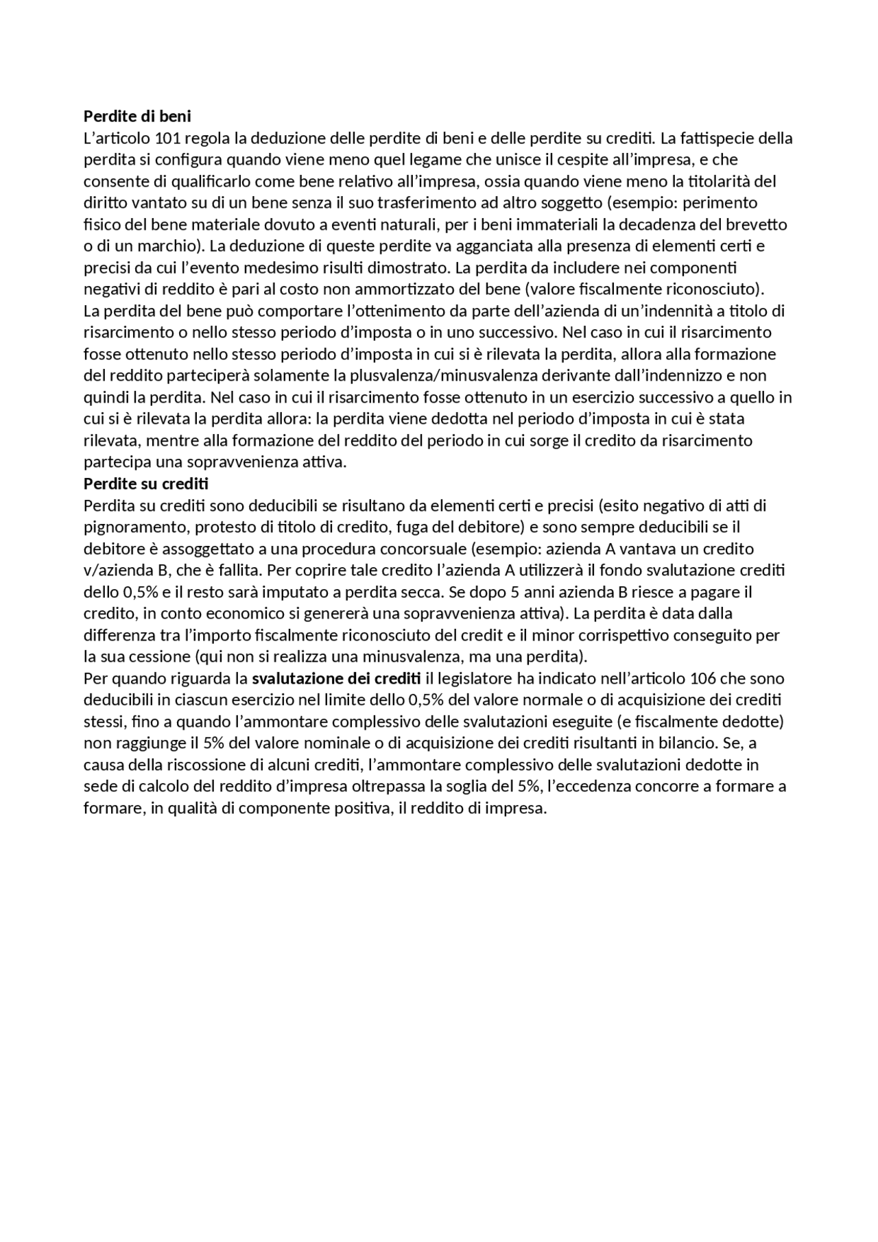 Perdita Su Beni E Su Crediti Docsity