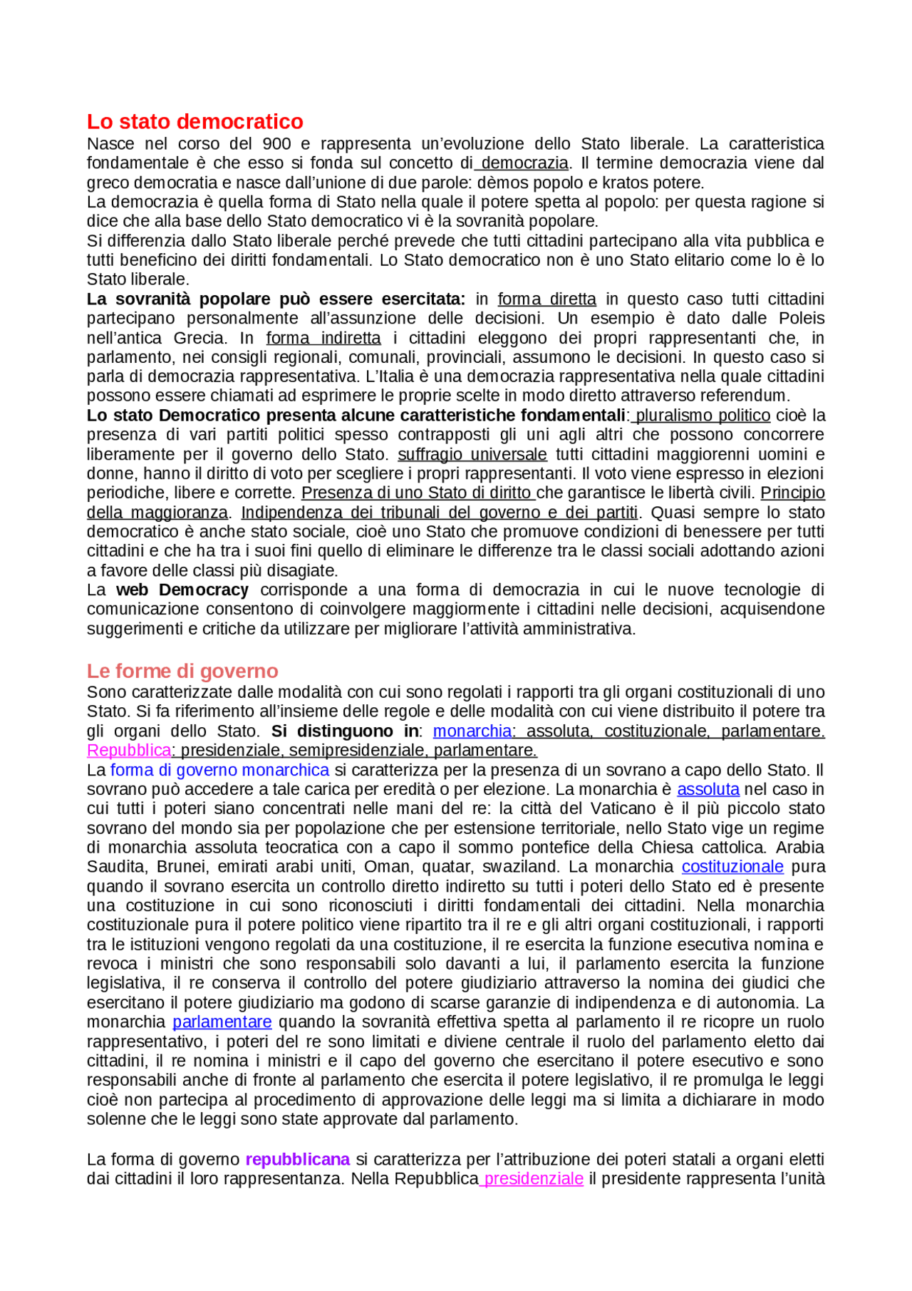 Lo stato democratico e le forme di governo - Docsity