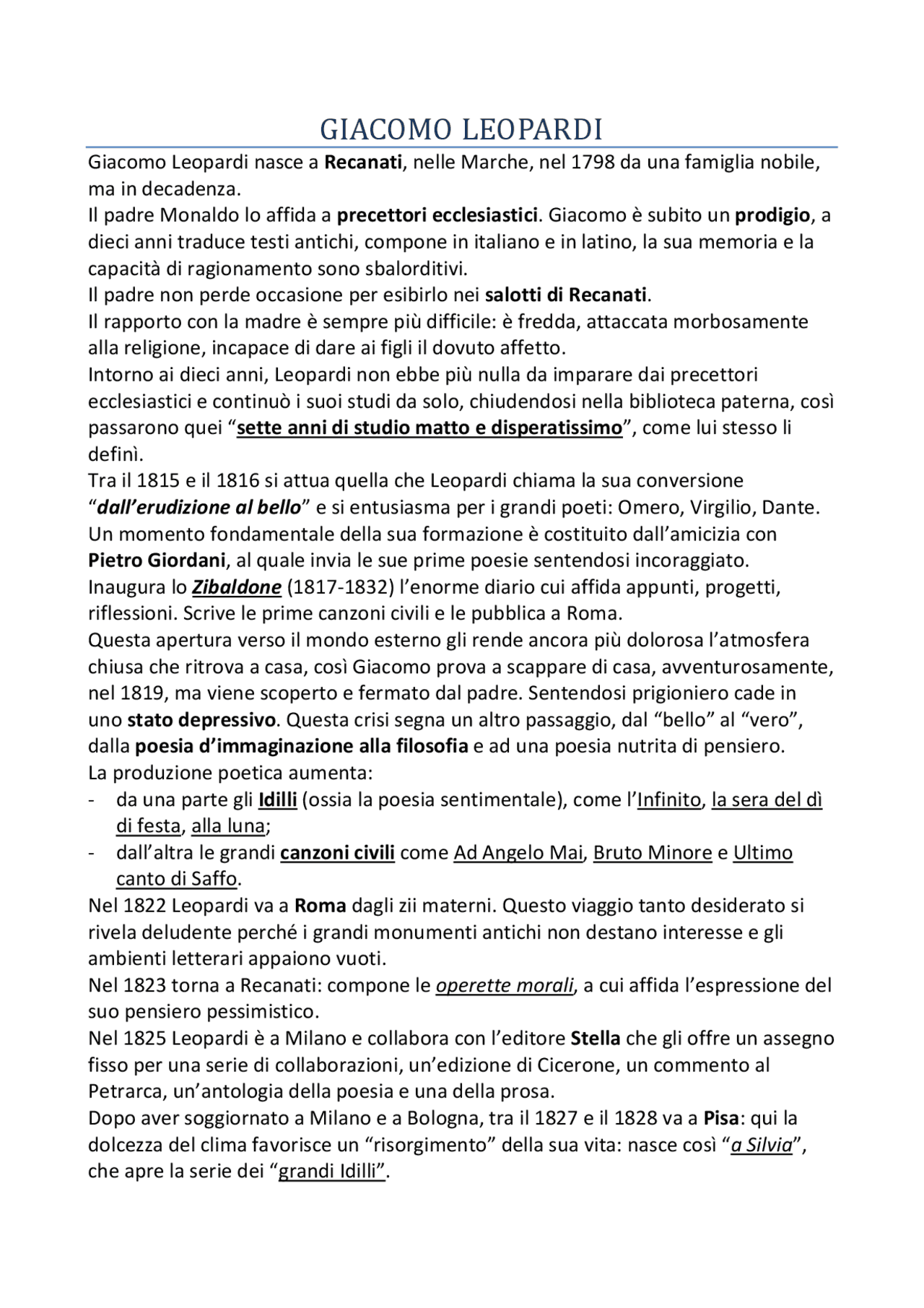 Giacomo Leopardi, vita, pensiero, poetica e opere. - Docsity