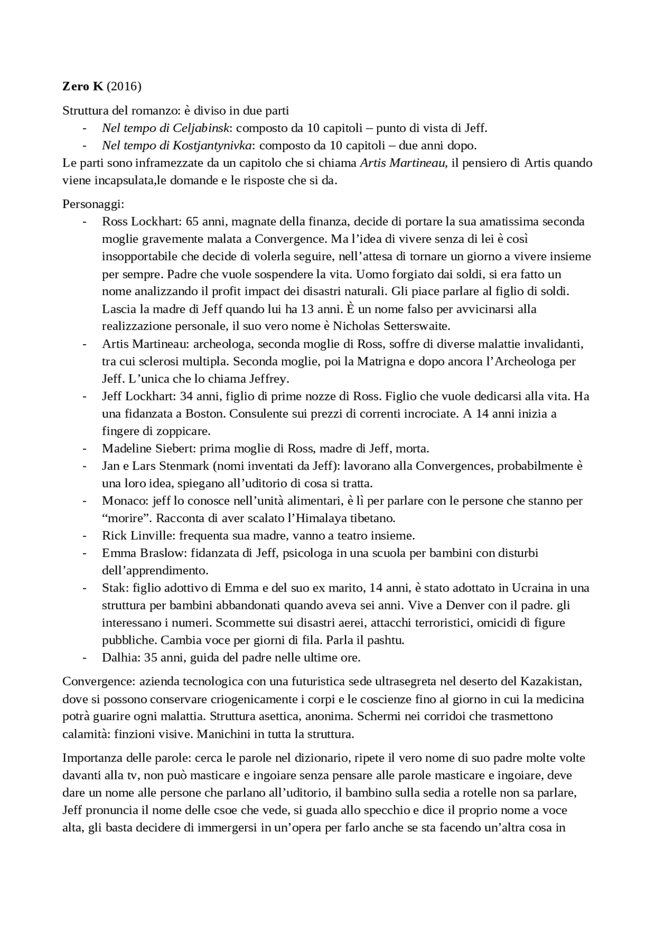 Zero K Riassunto Del Libro Di Don Lillo Docsity