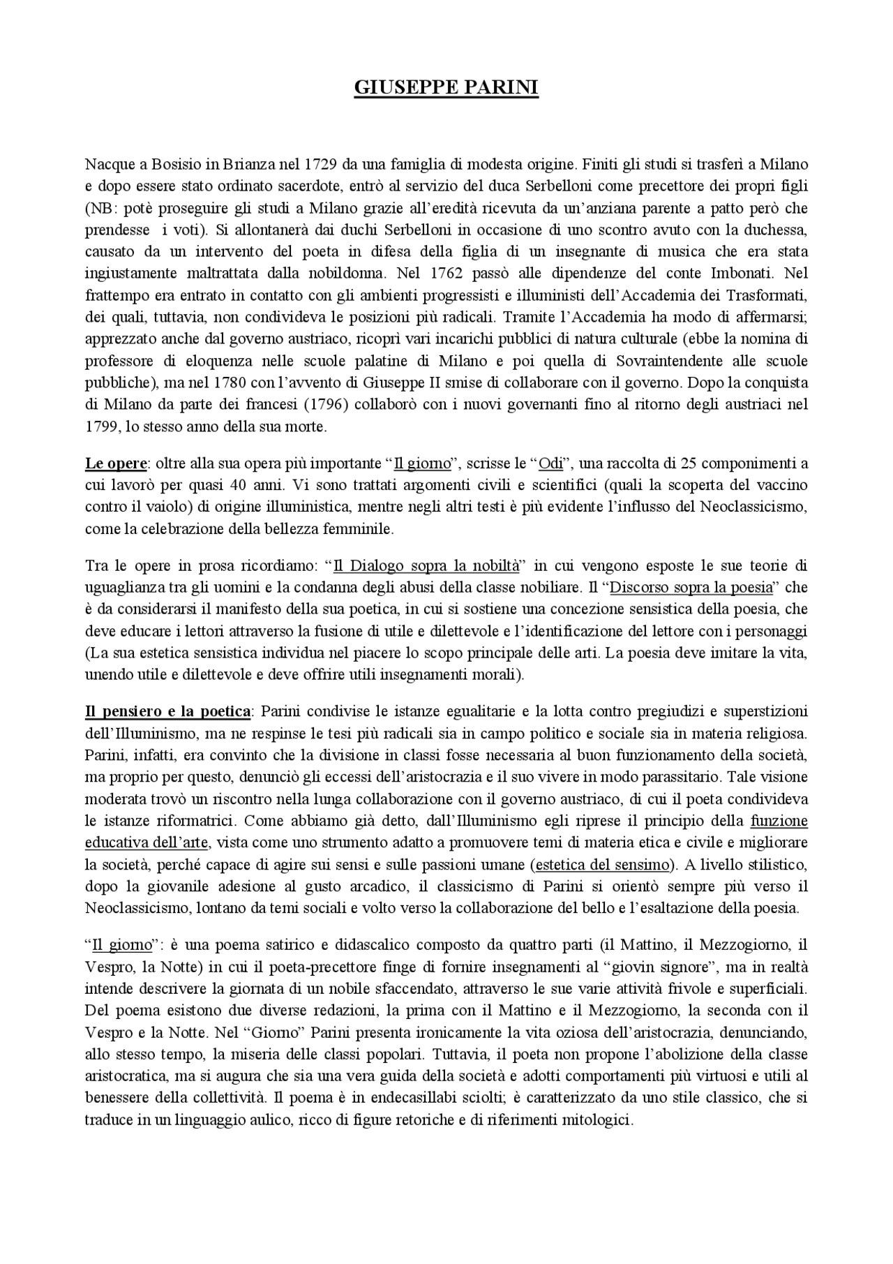Giuseppe Parini Pensiero Vita E Opere Docsity