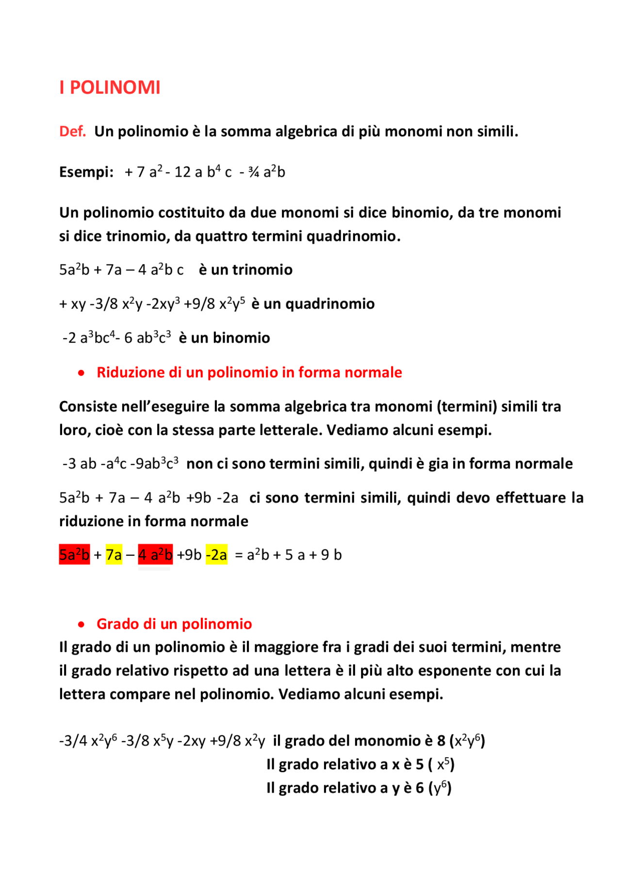 I polinomi, definizione e spiegazione - Docsity