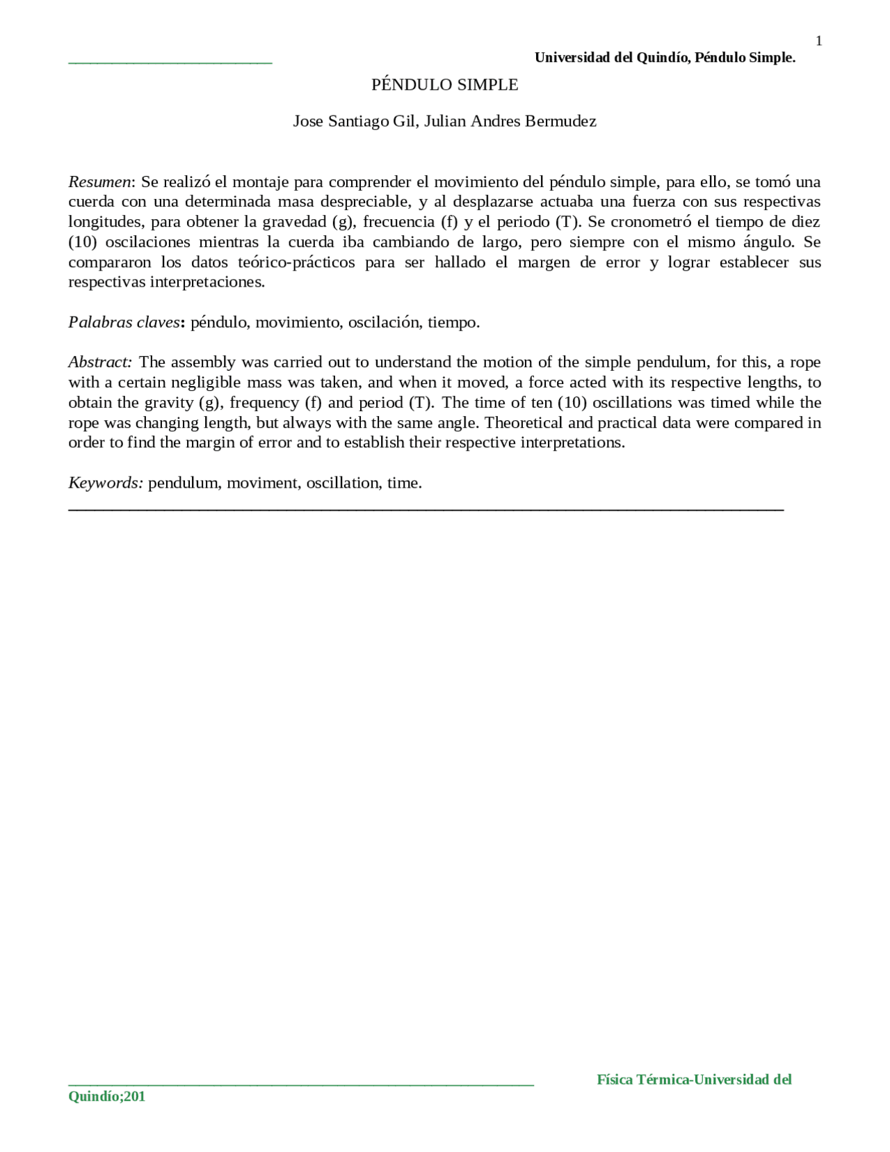 INFORME DE LABORATORIO 1 PENDULO SIMPLE | Monografías, Ensayos de Física Avanzada | Docsity