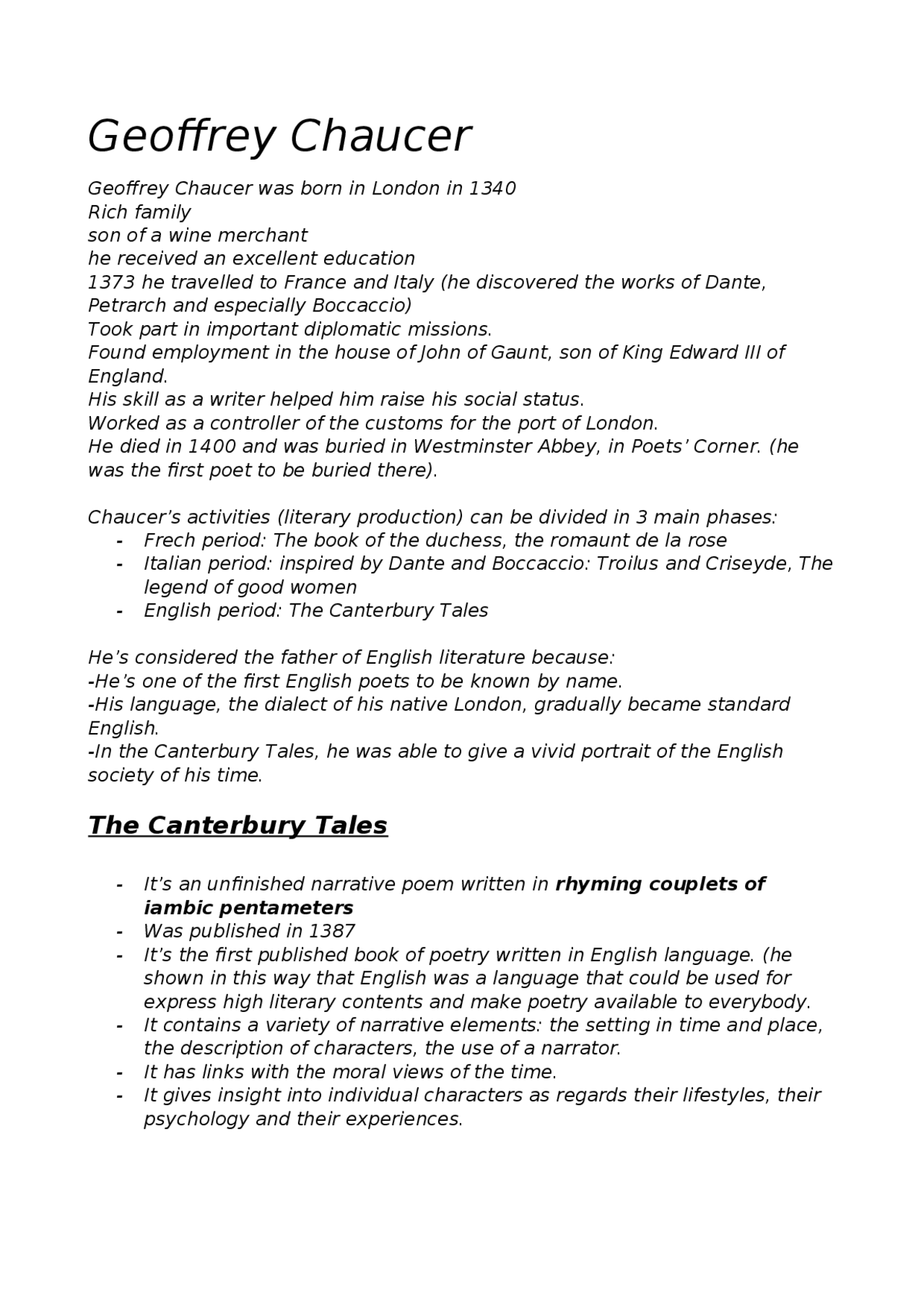 Geoffrey Chaucer riassunto - Docsity