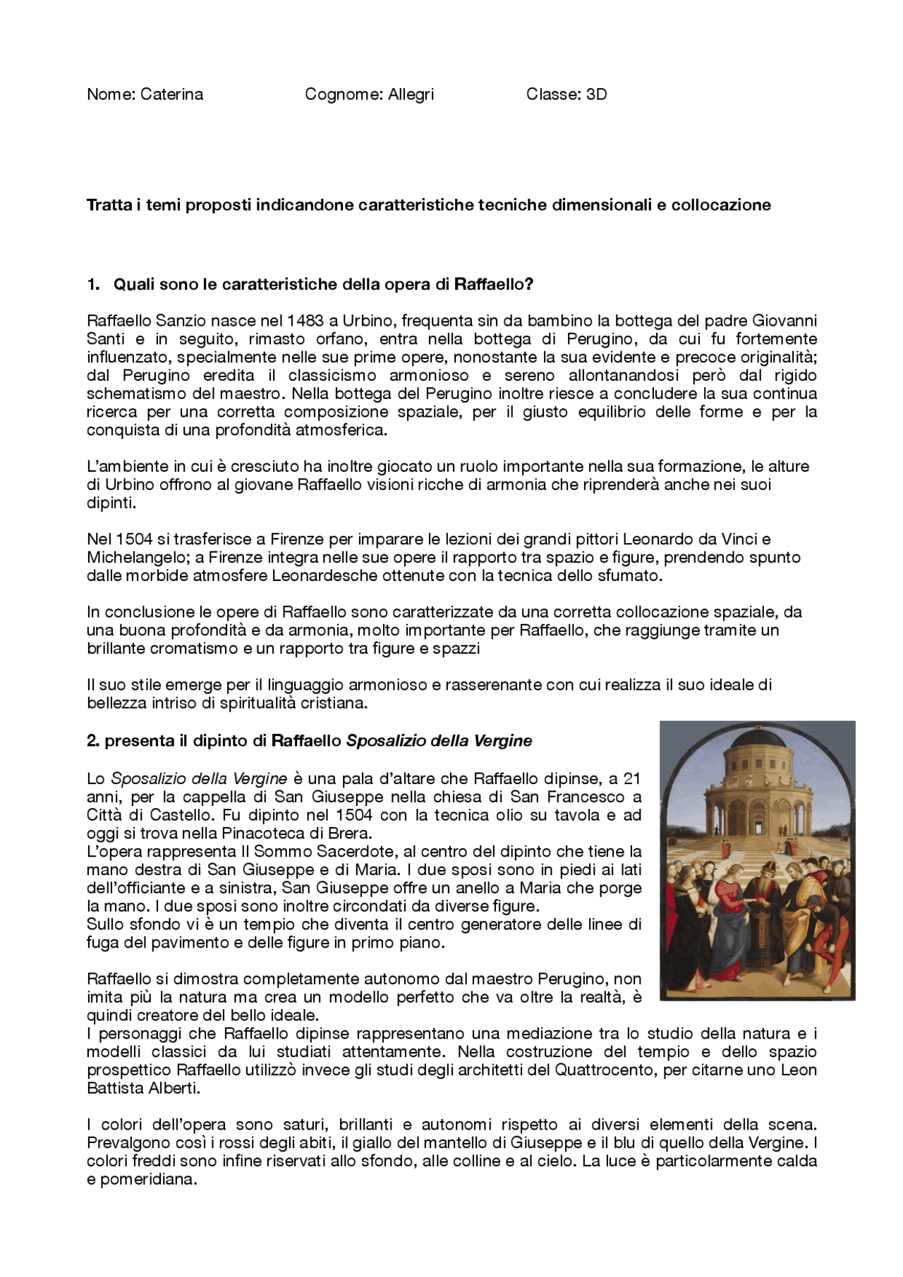 Raffaello Vita E Opere Docsity