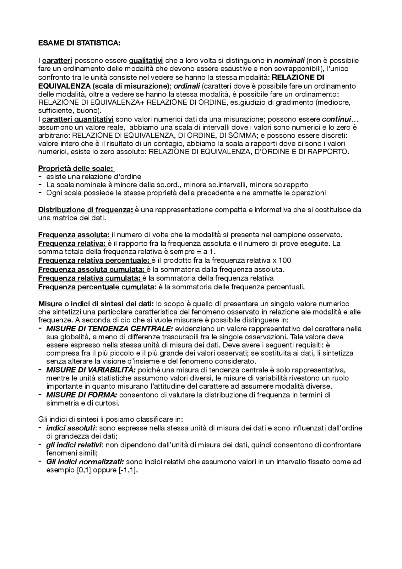 Sintesi Statistica Esame Da 6 Cfu Docsity