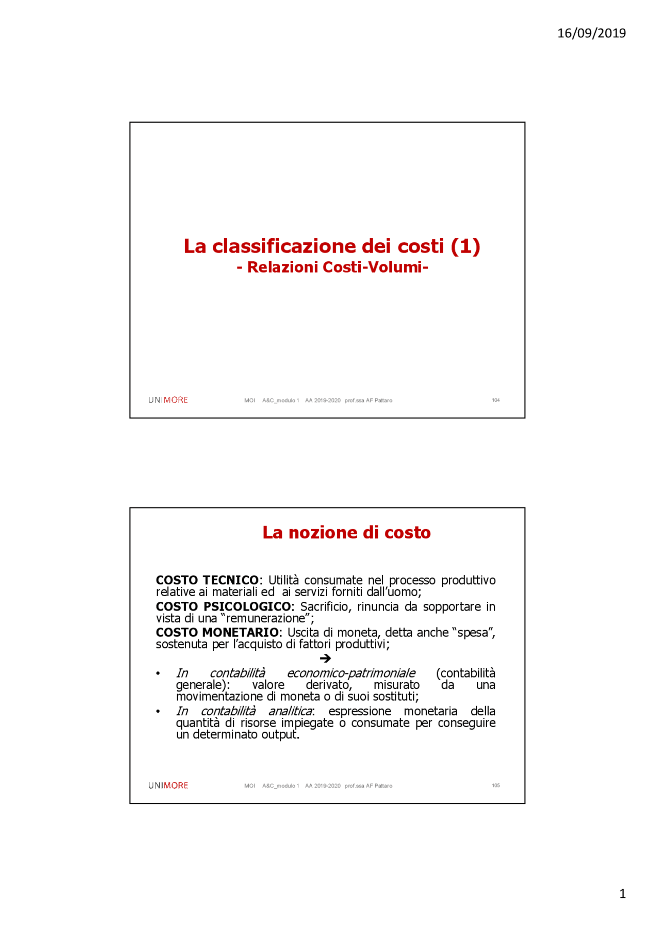 Classificazione Costi Relazione Costi Volumi Docsity