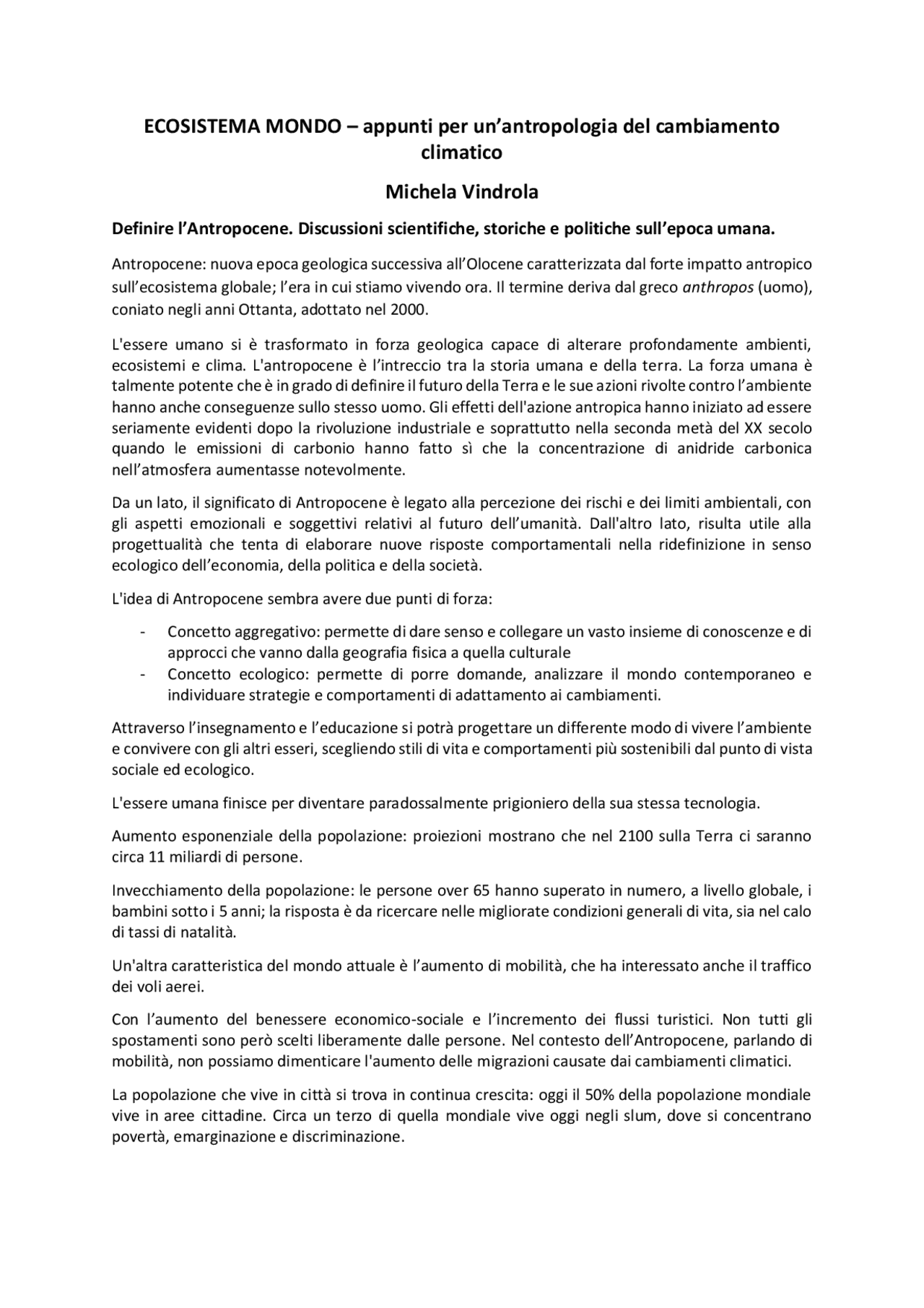 Riassunto Ecosistema Mondo Di M Vindrola Docsity