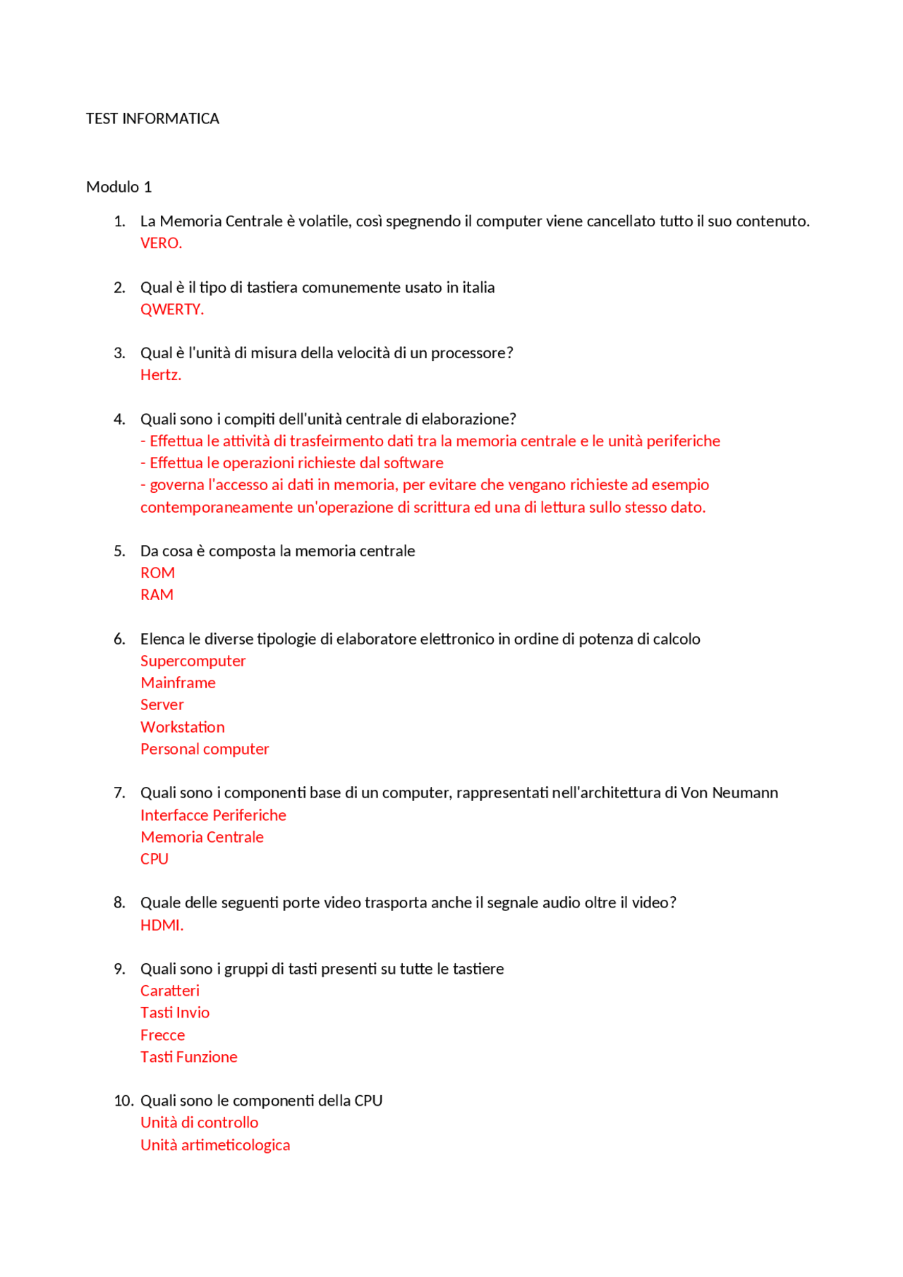 Test Di Autovalutazione Di Informatica Unicusano Docsity