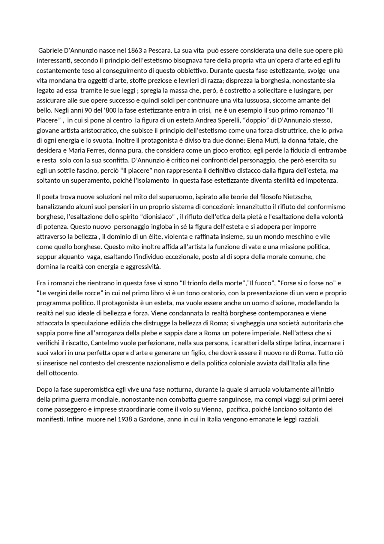 Gabriele Dannunzio Riassunto Docsity