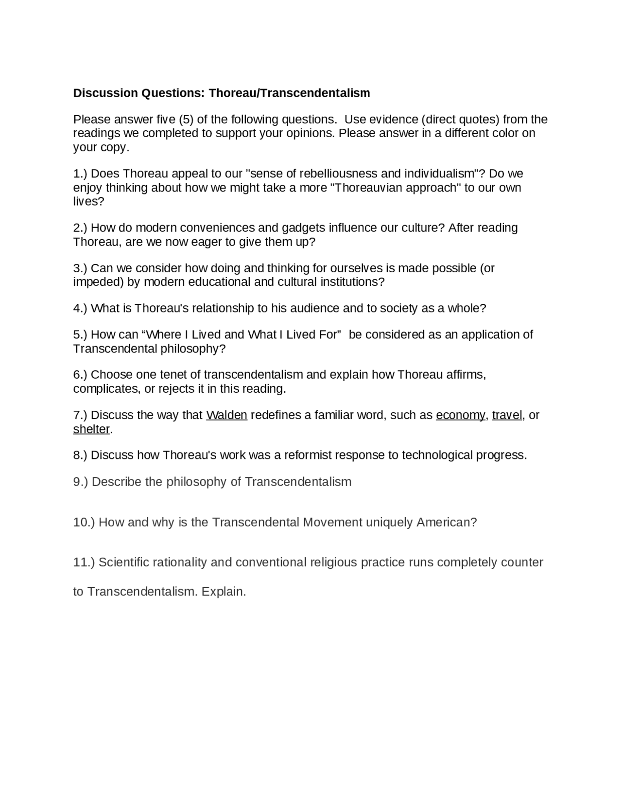 Discussion Questions Thoreau-Transcendentalism - Docsity