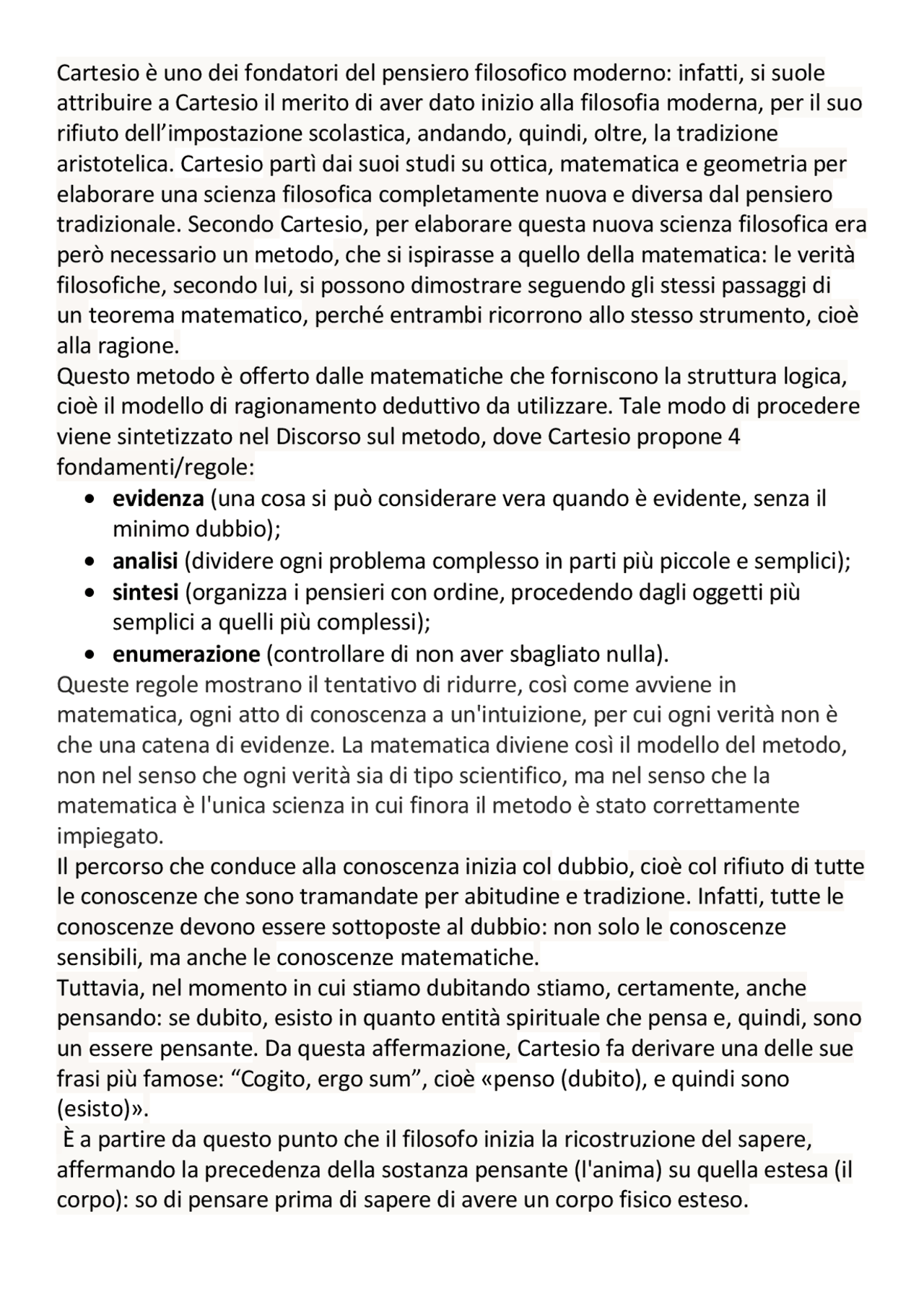 Cartesio: il metodo; Cogito Ergo Sum; l'idea di Dio - Docsity