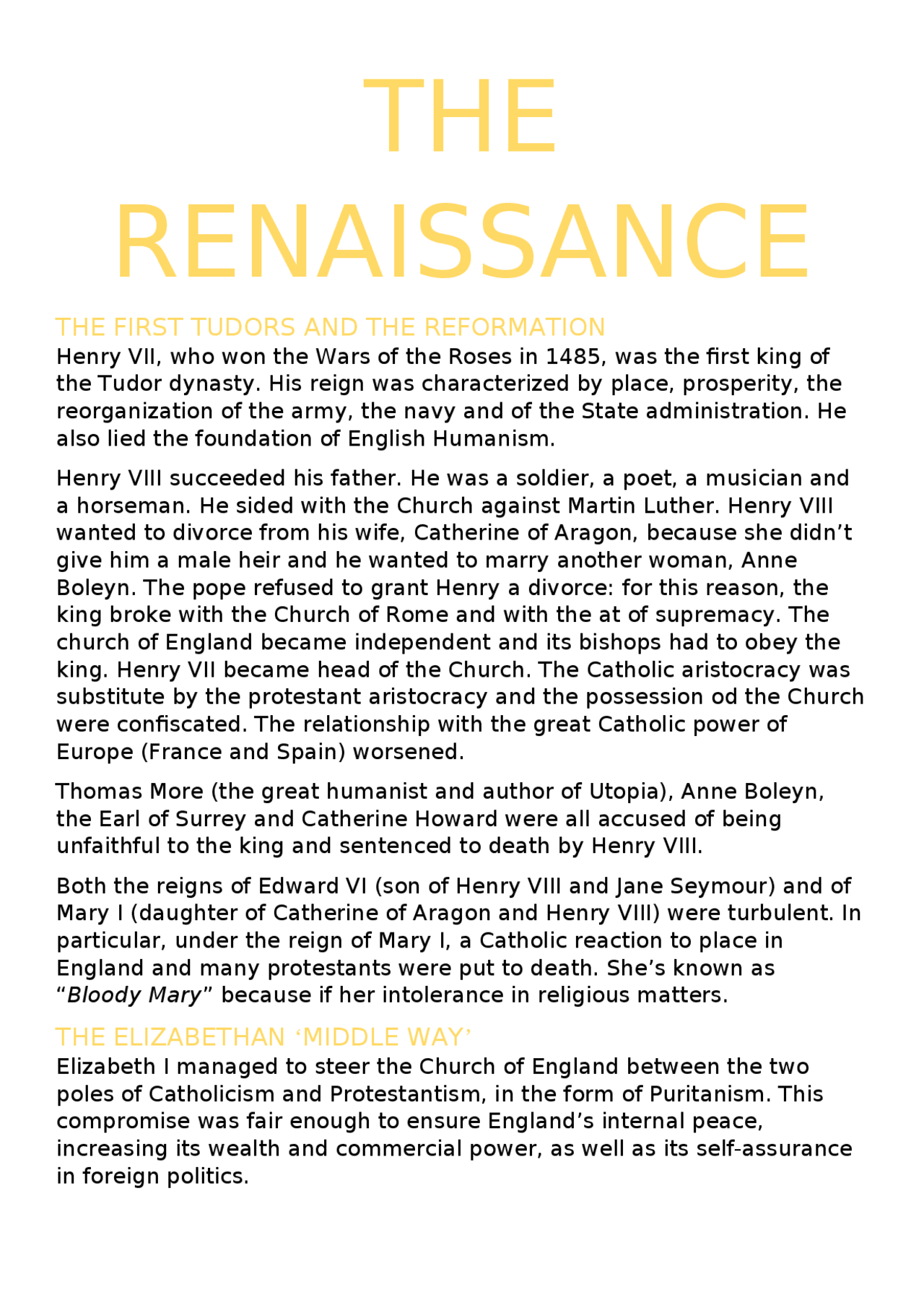 Inglese: The Renaissance - Docsity