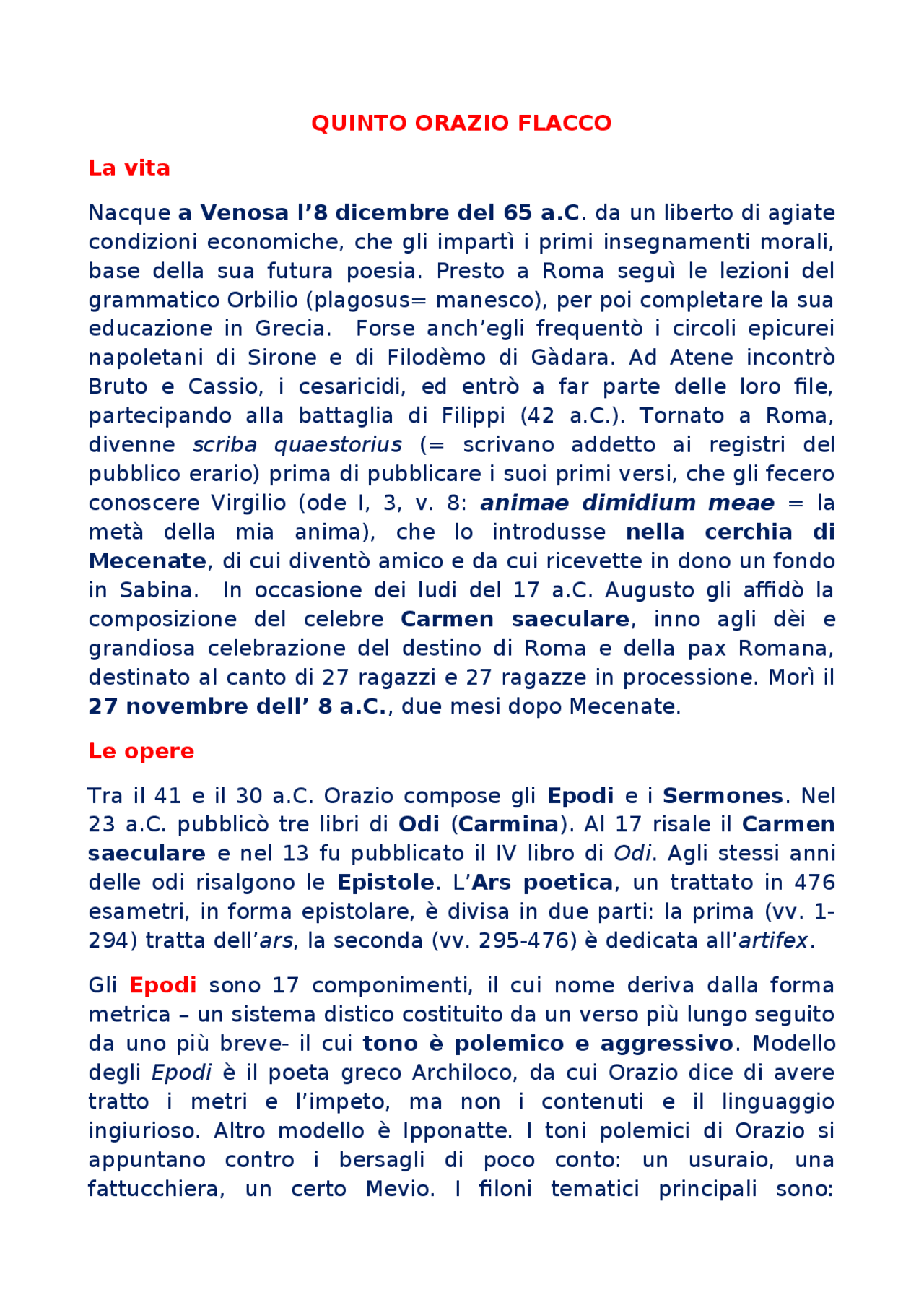 Vita E Opere Su Orazio Docsity