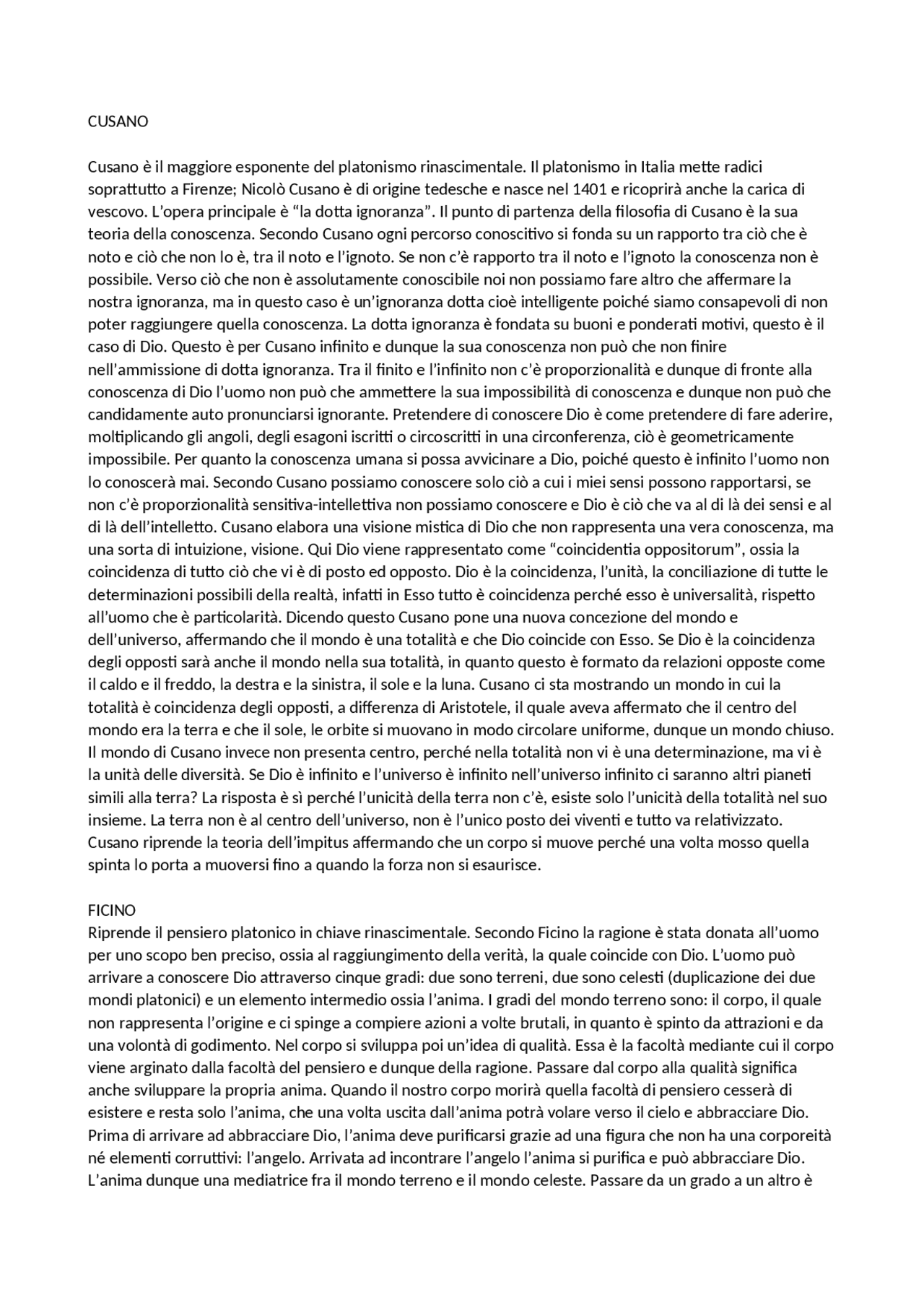 Riassunto Su Cusano Docsity