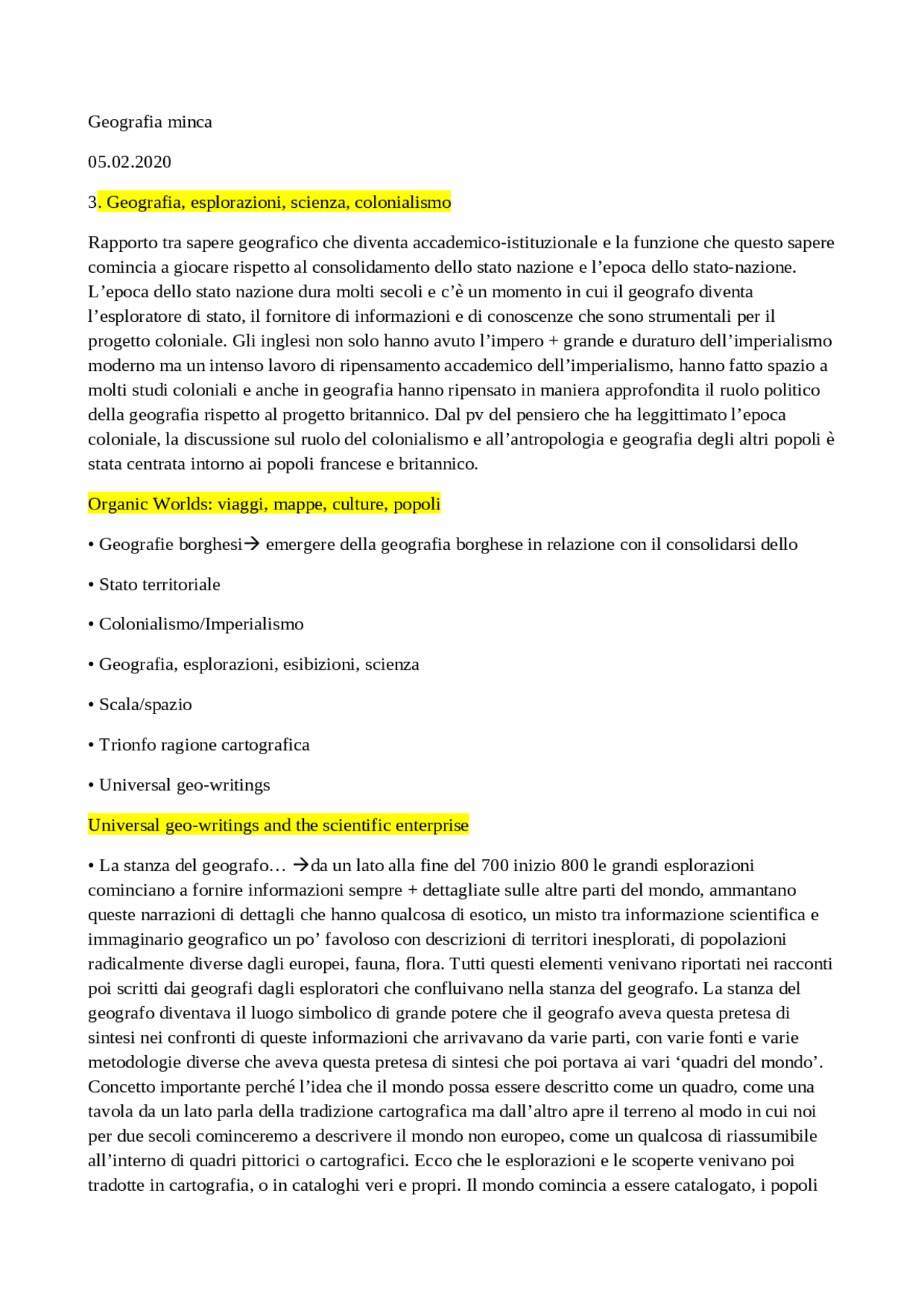 Appunti Geografia - Minca | Appunti di Geografia | Docsity