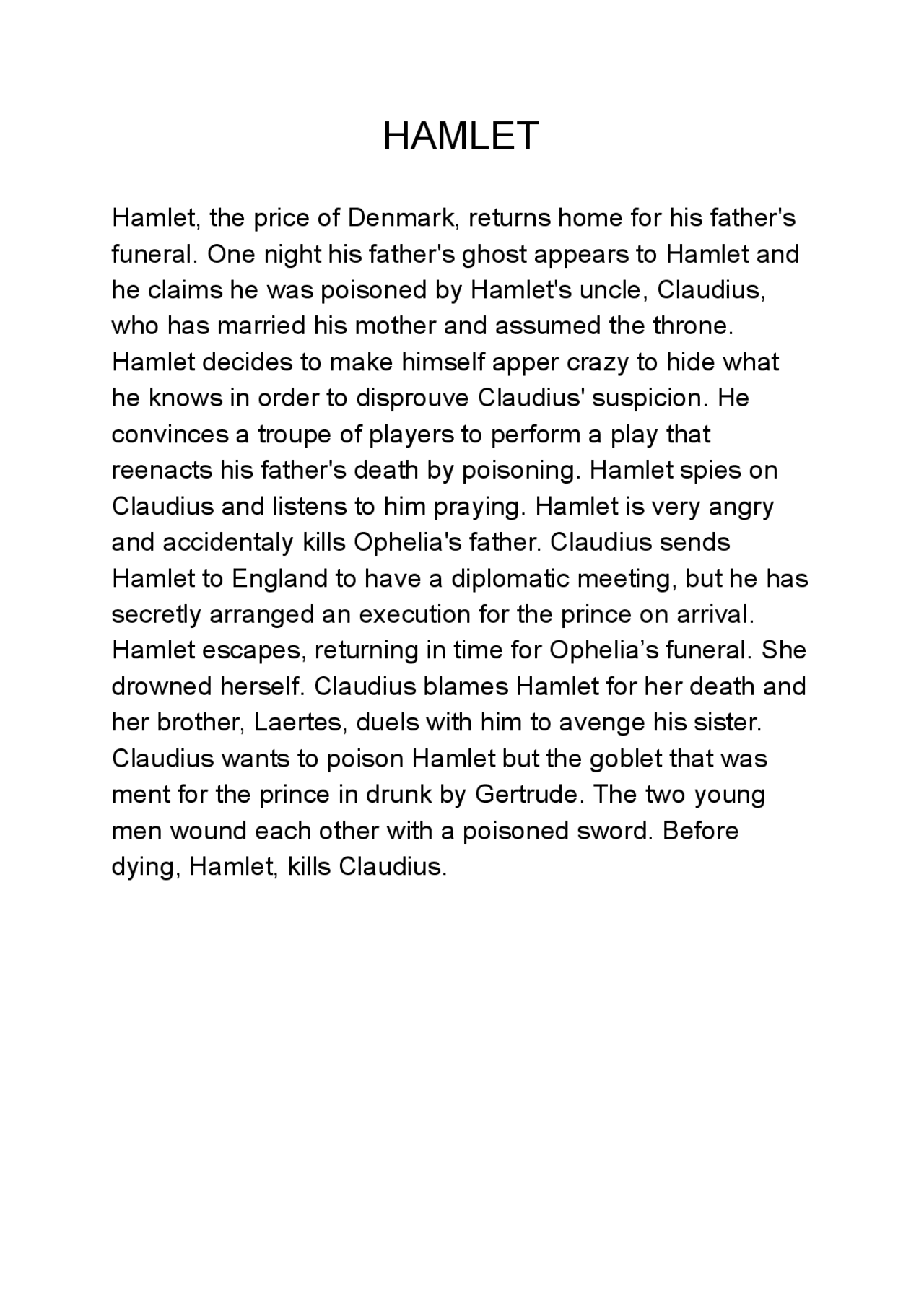 Riassunto Breve Hamlet In Inglese Docsity