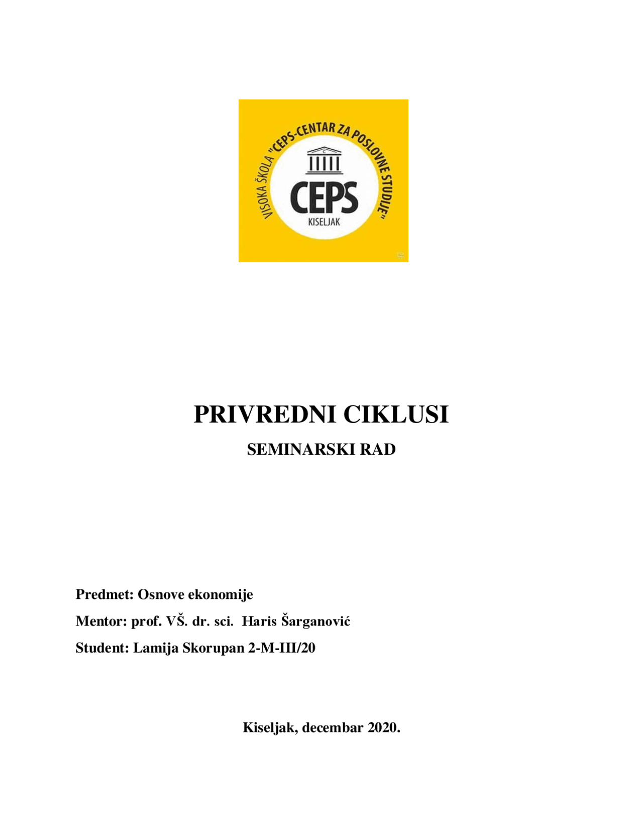 PRIVREDNI CIKLUSI SEMINARSKI RAD | Esej' predlog Osnove ekonomije - Docsity