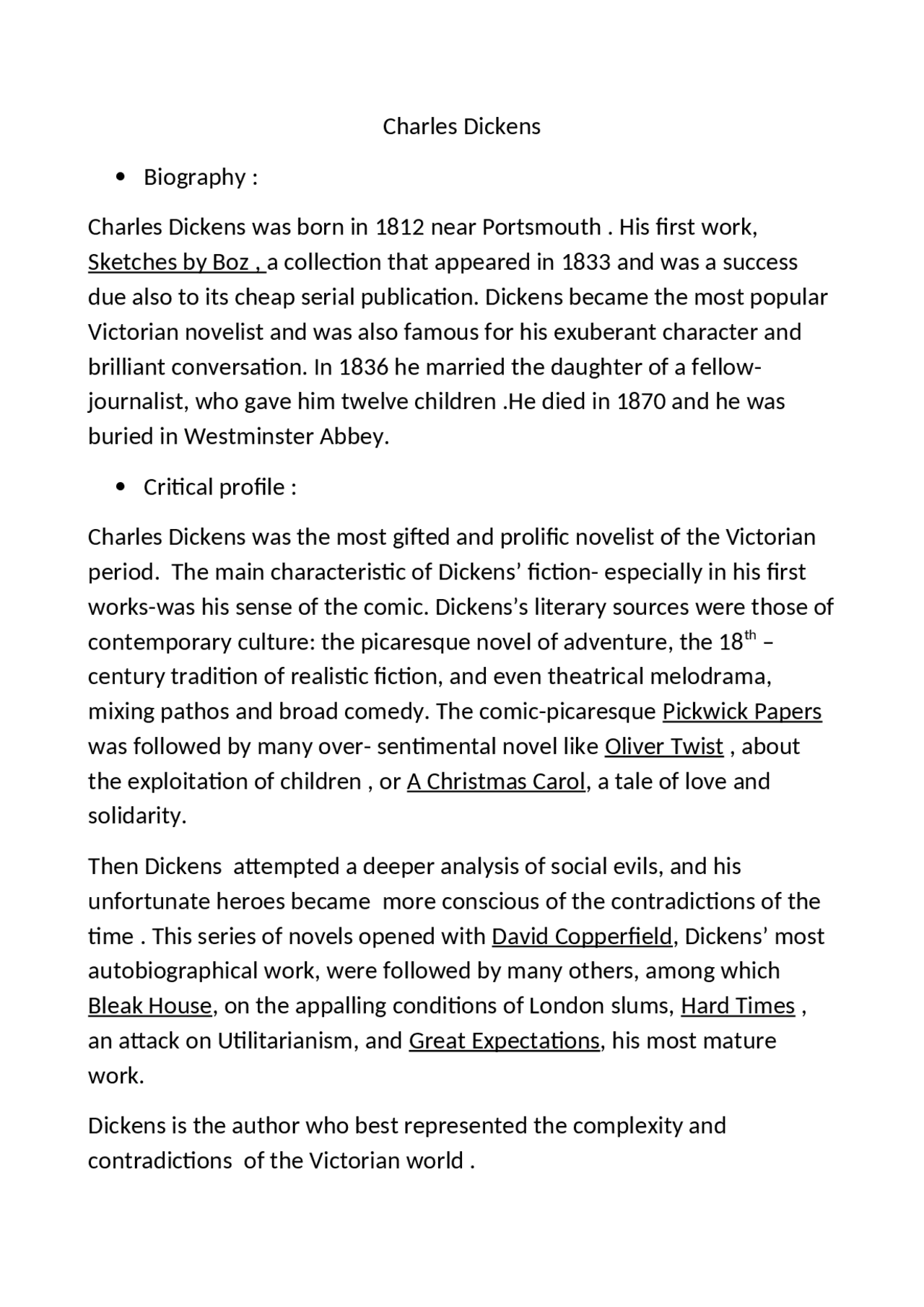Charles Dickens Vita Opere E Profilo Critico Docsity