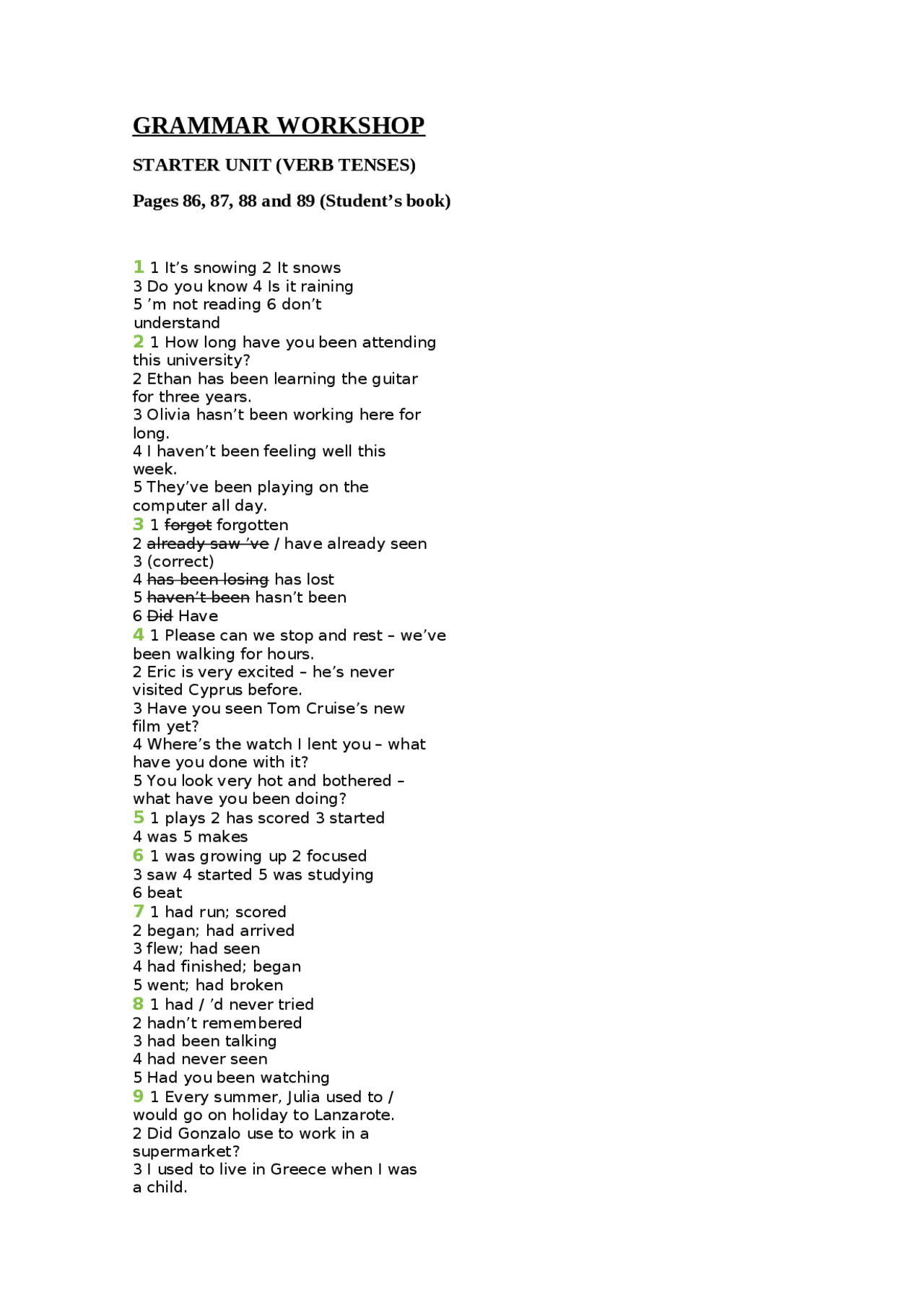 Starter unit verb tenses, correción del student's book 2, segundo de ...