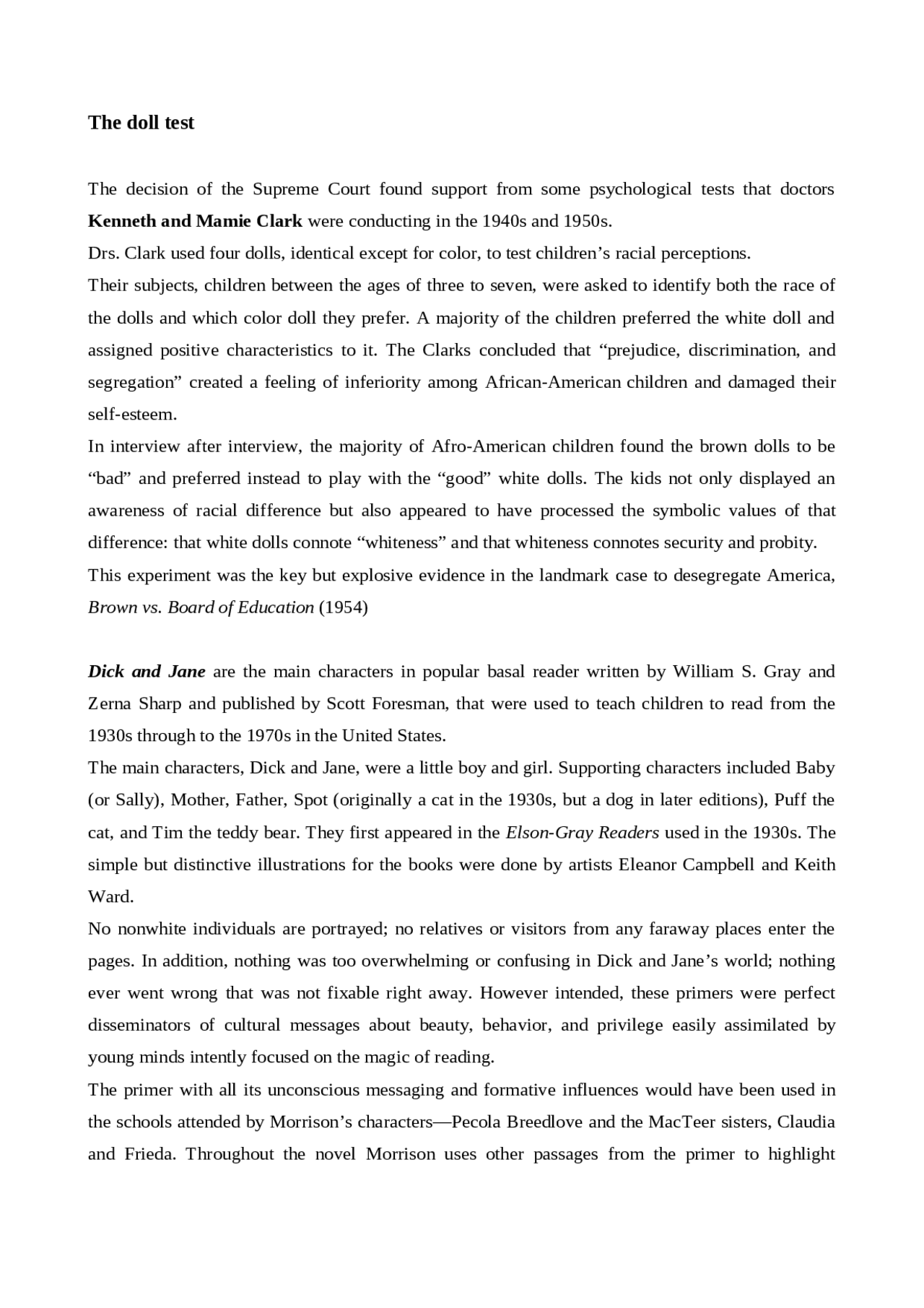 The doll test Tony Morrison - Docsity