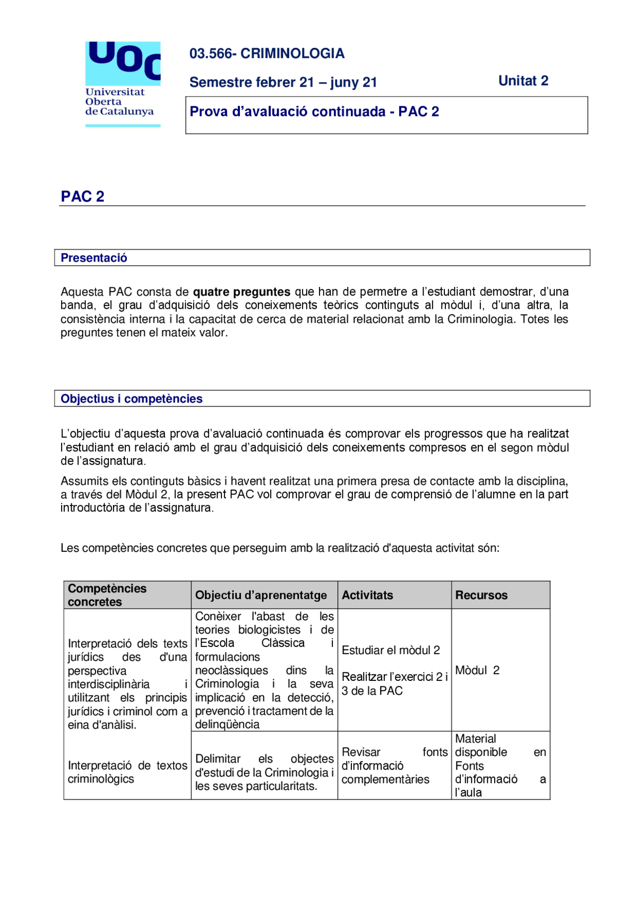 Pac 2 Enunciado Criminologia Ejercicios De Criminología Docsity